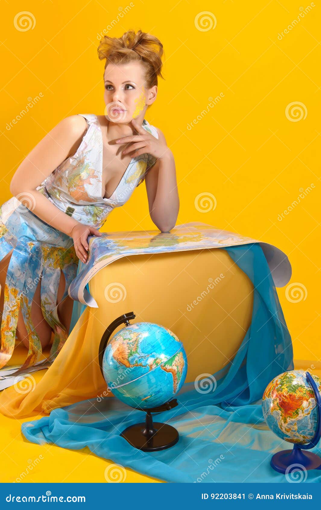 Woman with a World Map and Globes Stock Image - Image of girl, cheerful ...