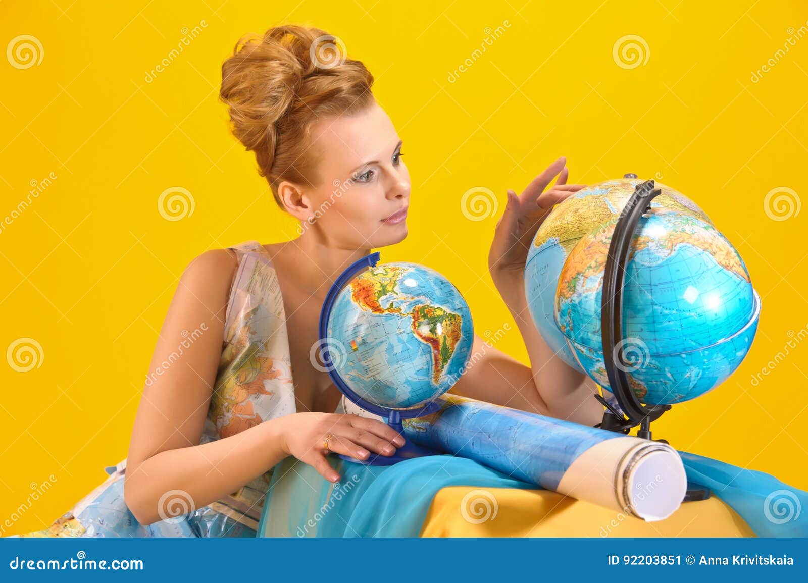 Woman with a World Map and Globes Stock Image - Image of female ...