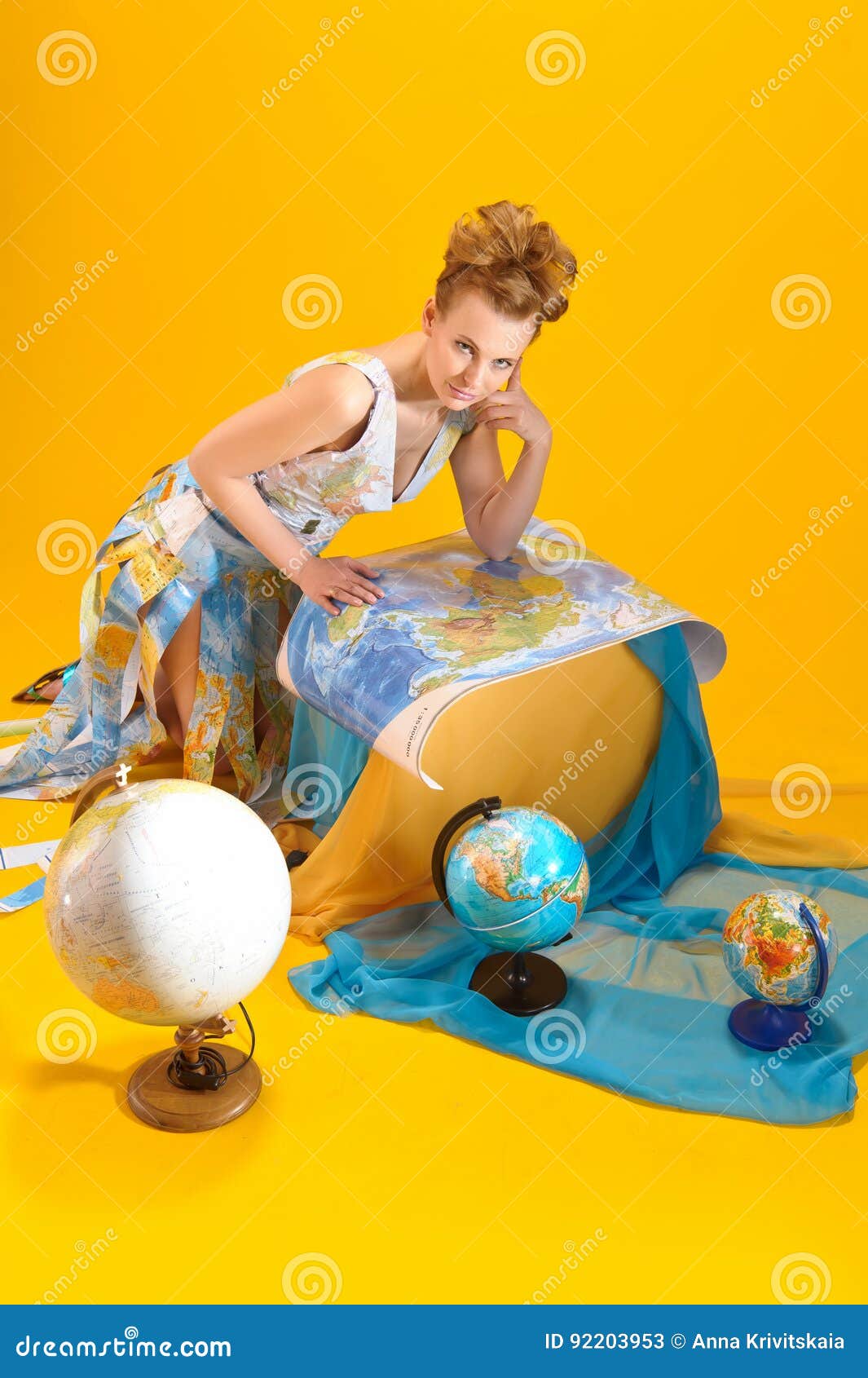 Woman with a World Map and Globes Stock Image - Image of hands, adult ...
