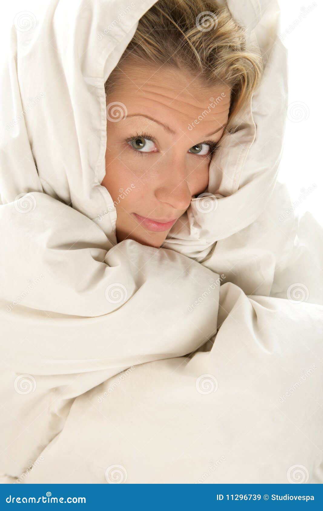 Woman wrapped duvet stock image. Image of head, caucasian - 11296739