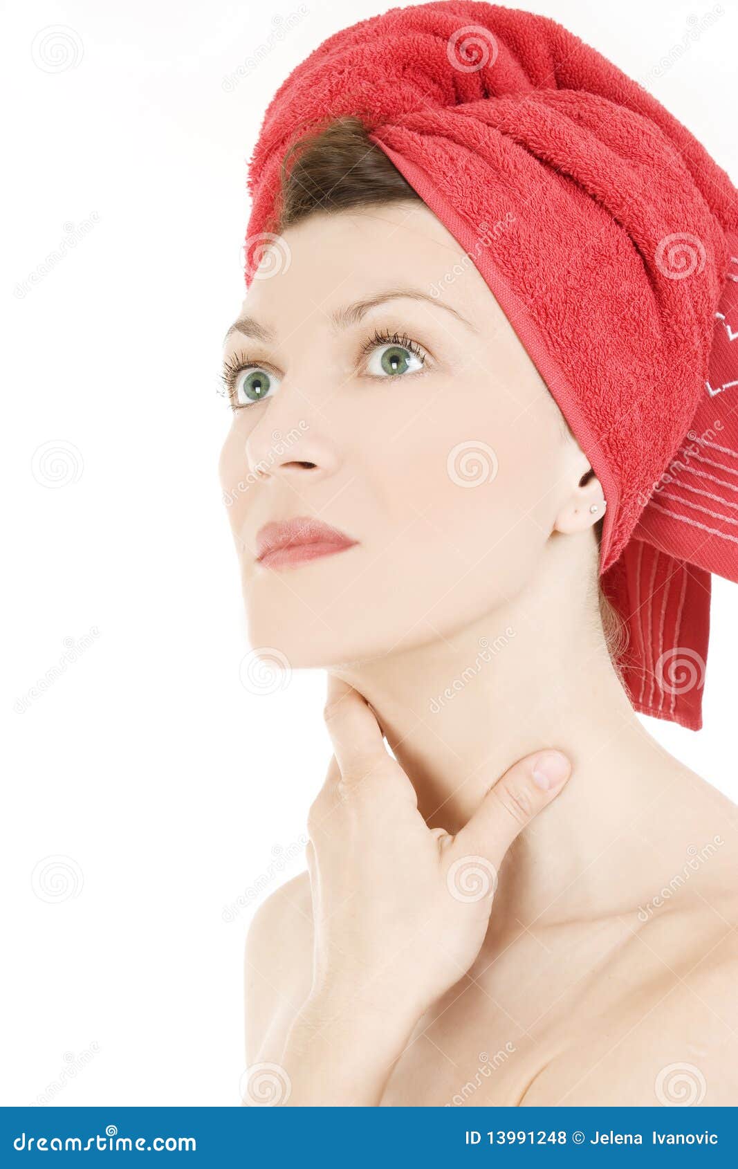 Woman Wrapped Towel, Touching Neck Stock Photo - Image of neck, beauty ...