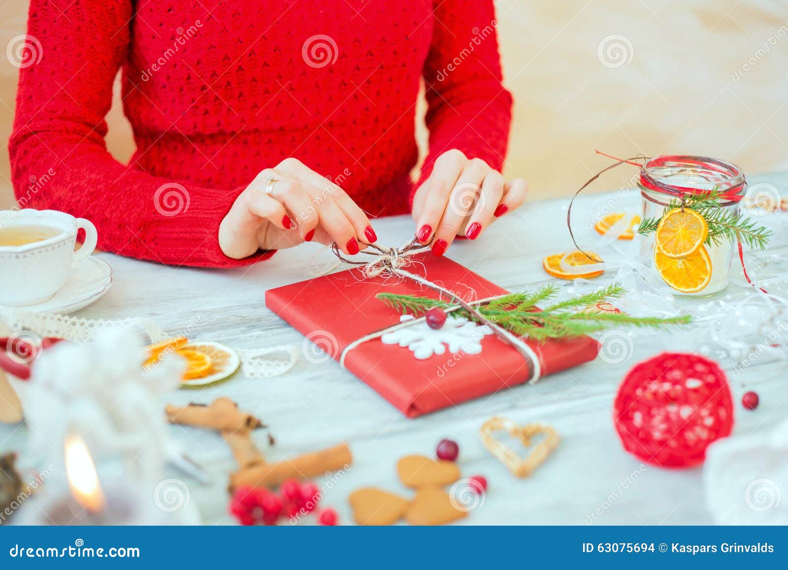 Woman Wrapping Gift on Christmas Stock Photo - Image of celebration ...