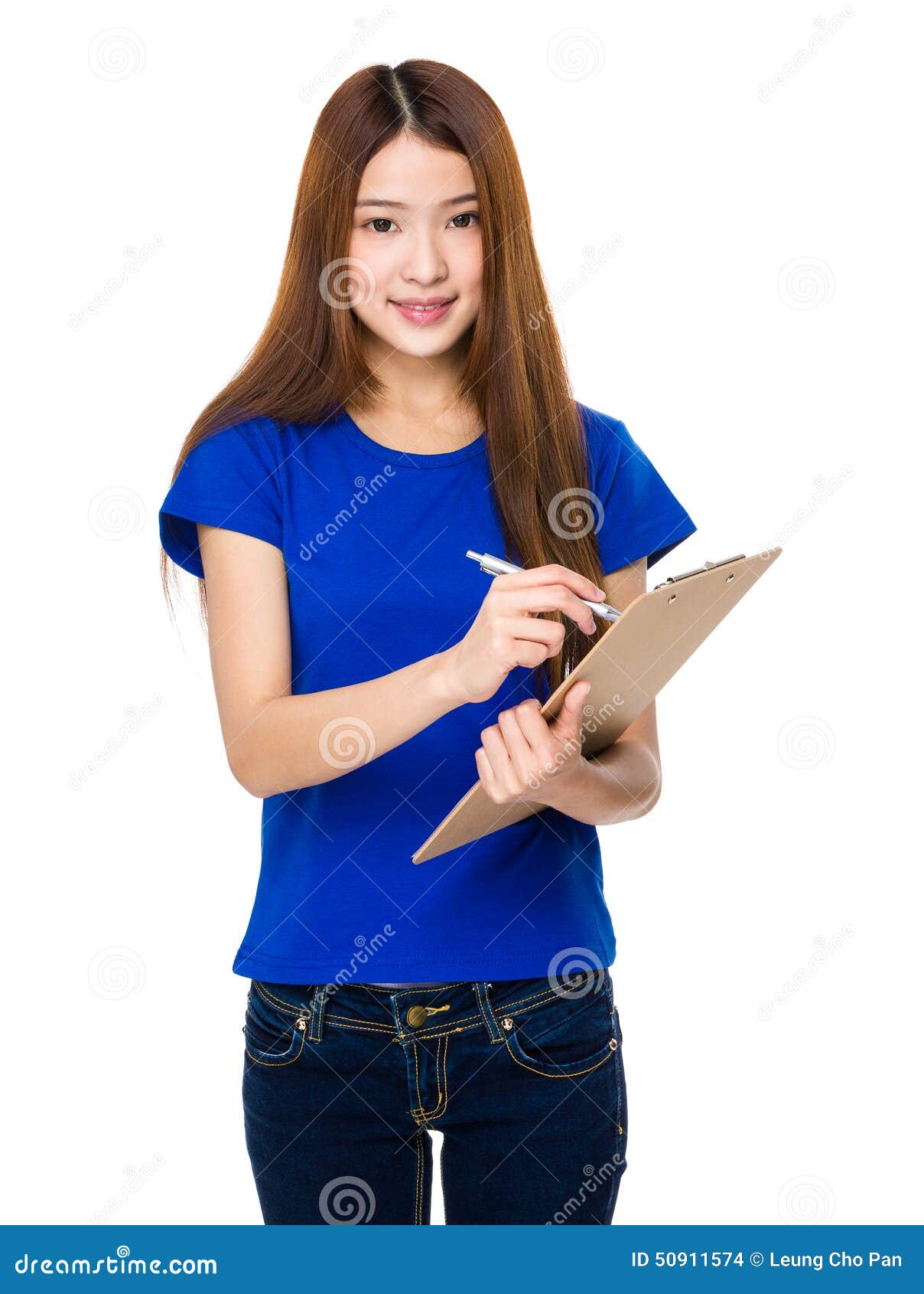 Woman write on clipboard stock photo. Image of blue, casual - 50911574
