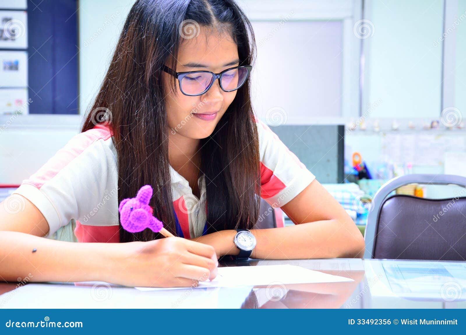 Woman write report stock photo. Image of glasses, desk - 33492356