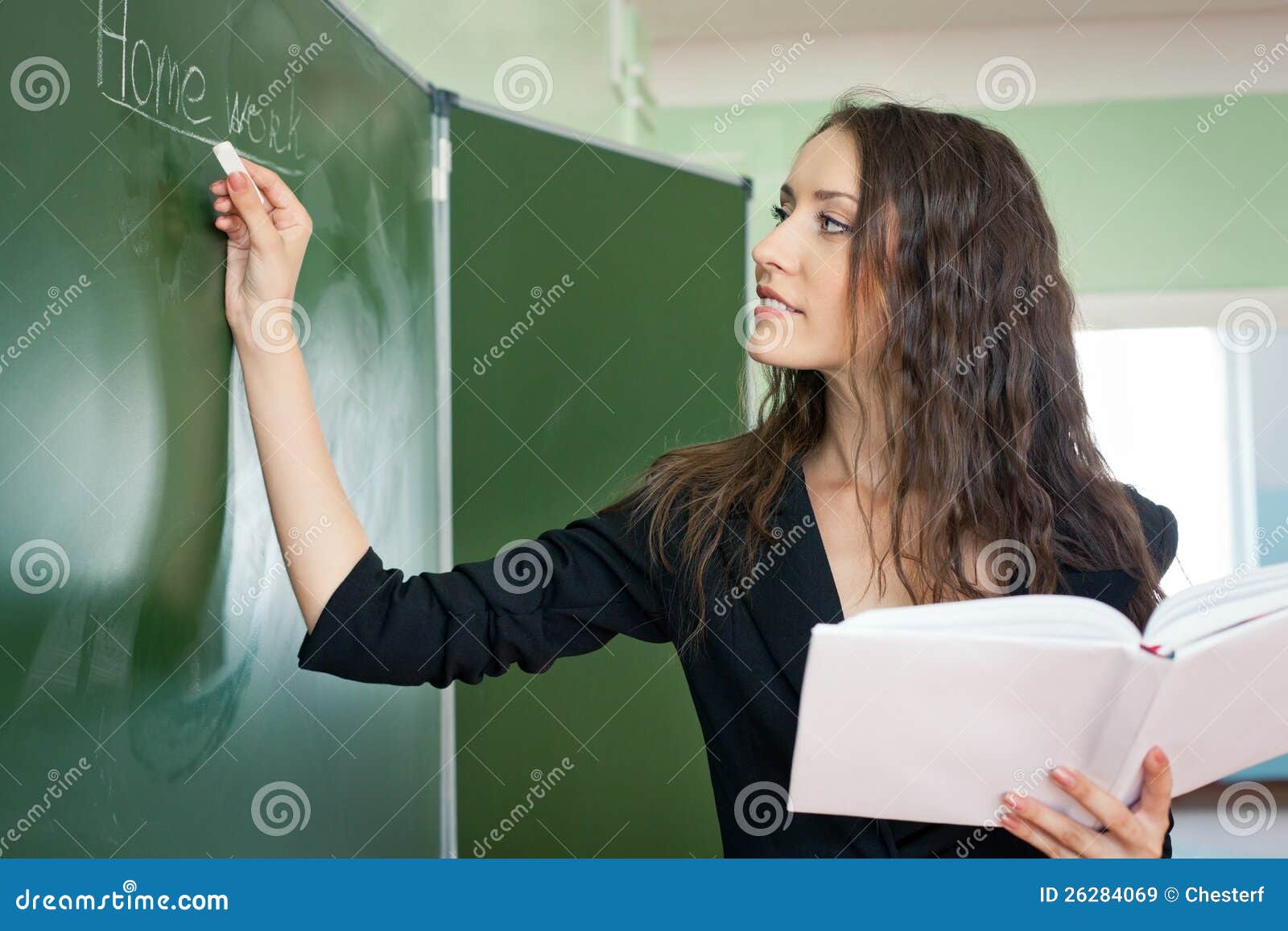 Woman Writing on Blackboard at Classroom Stock Image - Image of girl ...