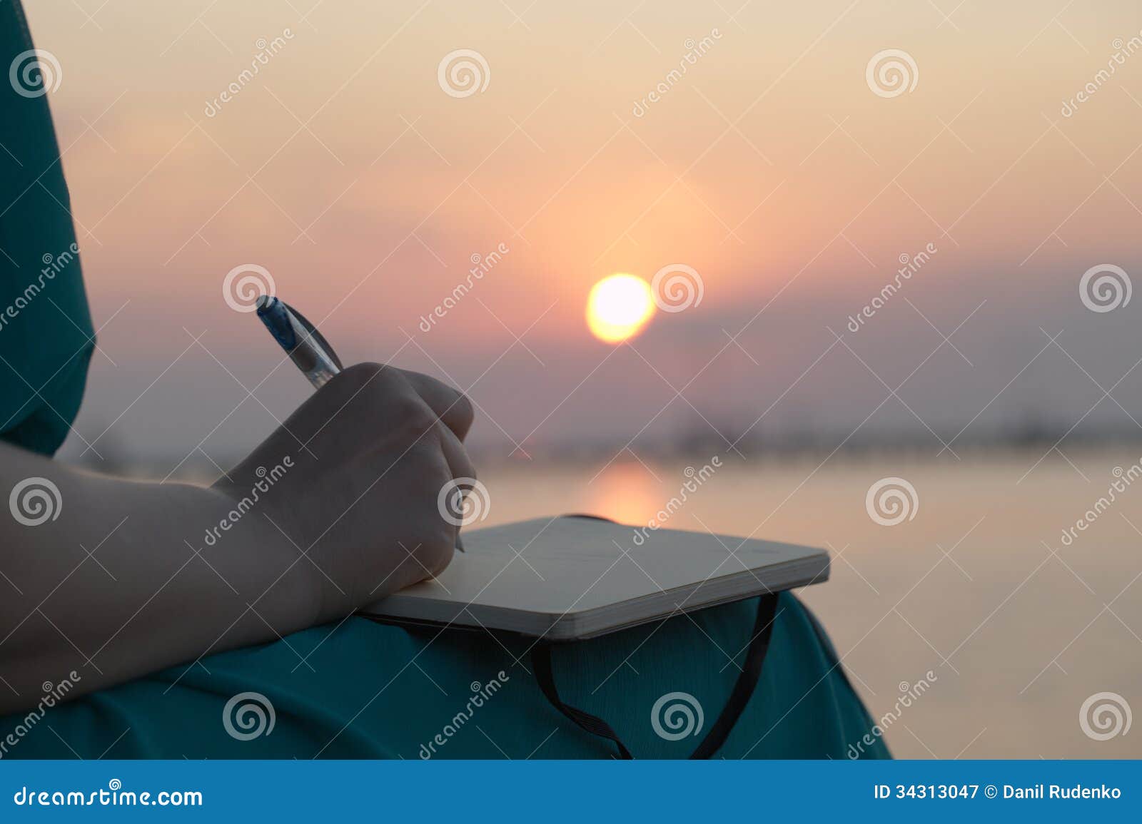 Woman Writing in Her Diary at Sunset Stock Image - Image of tranquility ...