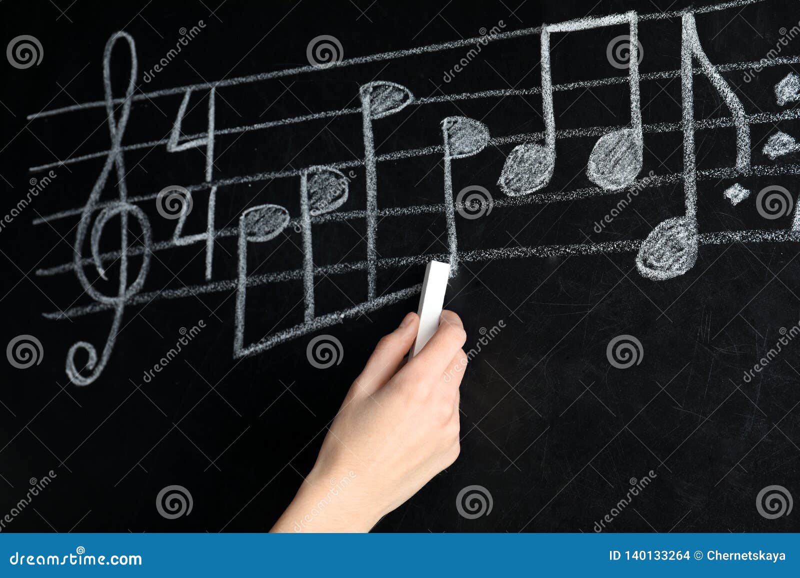 Woman Writing Music Notes with Chalk on Blackboard Stock Photo - Image ...