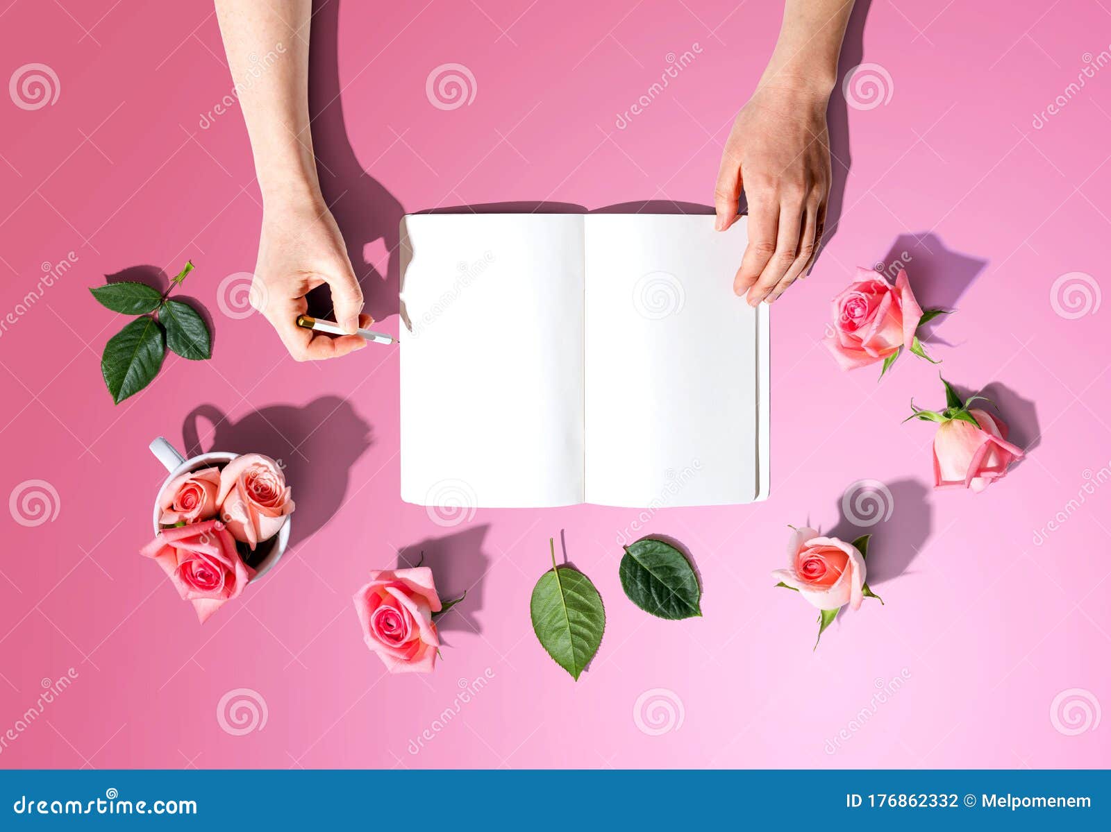 Woman Writing in a Notebook with Pink Roses Stock Photo - Image of hand ...
