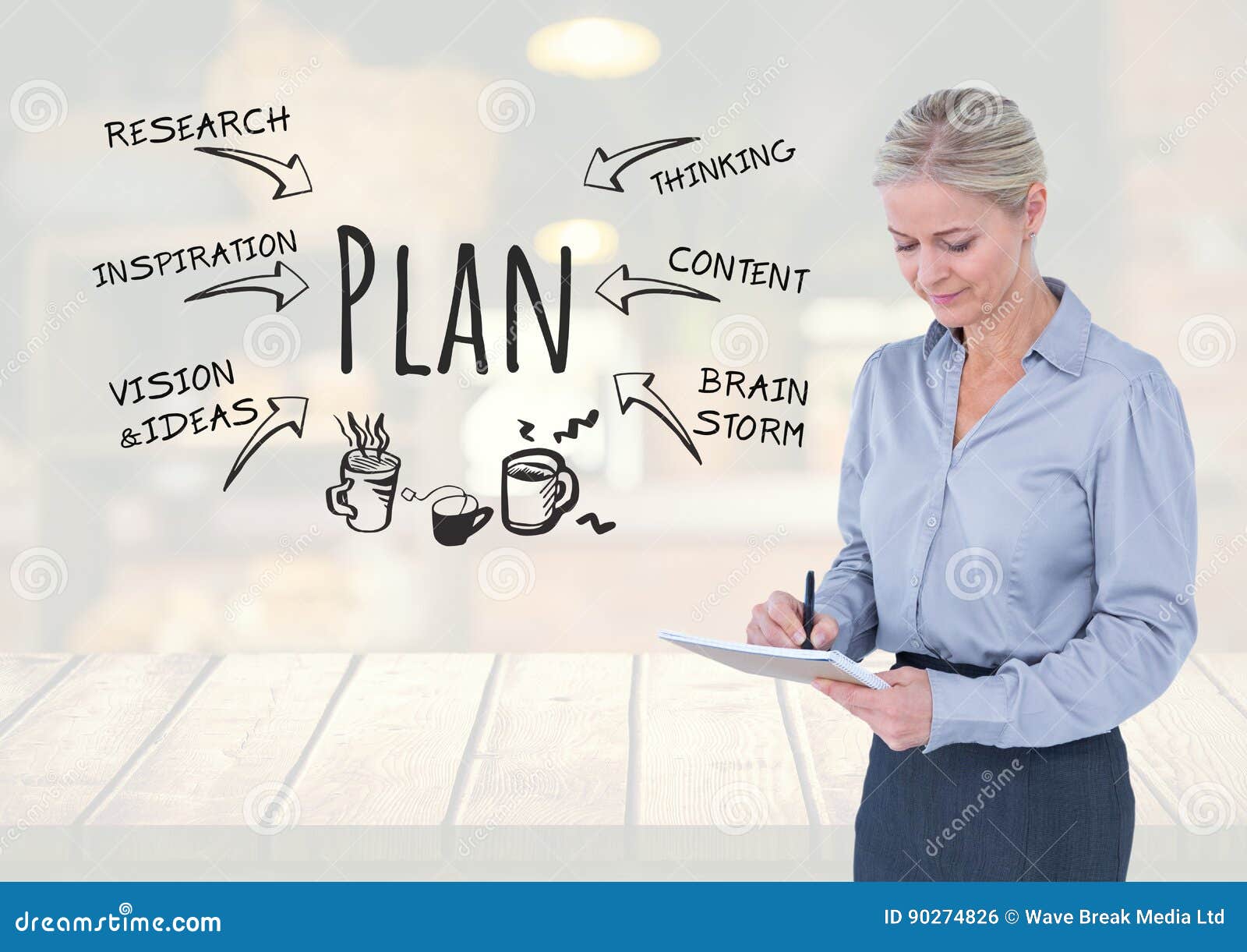 Woman Writing on Notepad and Plan Text with Drawings Graphics Stock ...