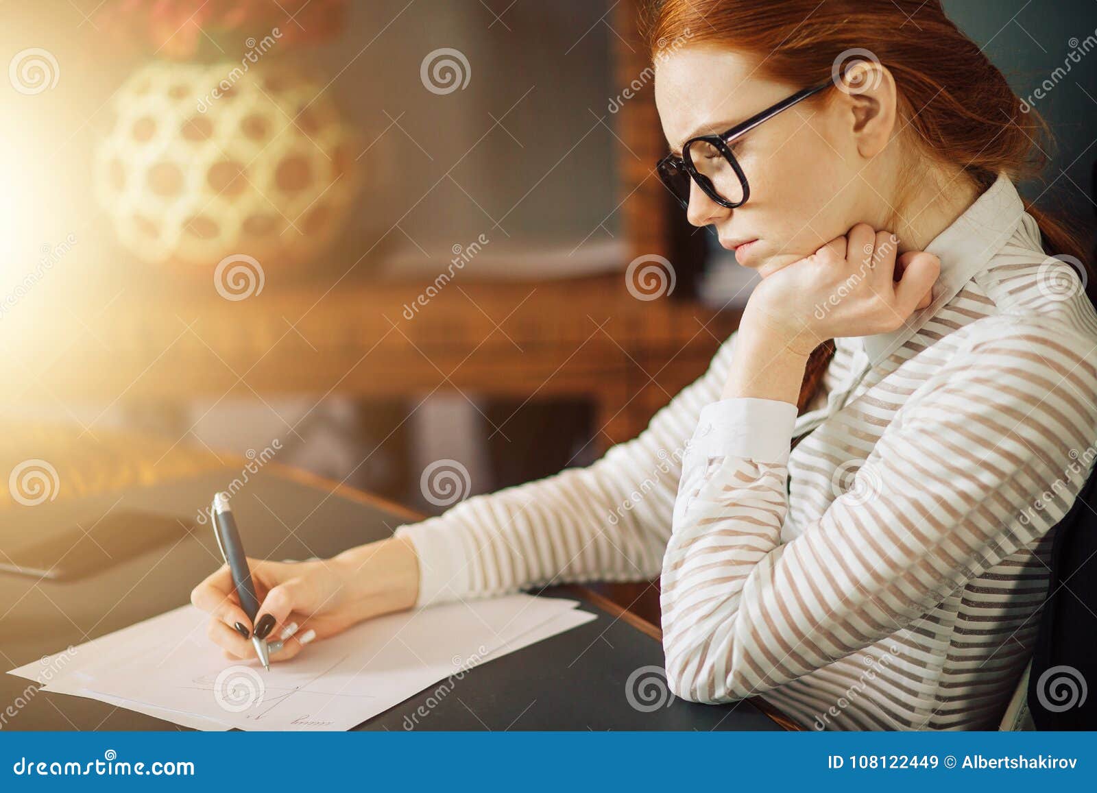 Woman Writing on Paper with Digital Tablet Computer in Office Room ...