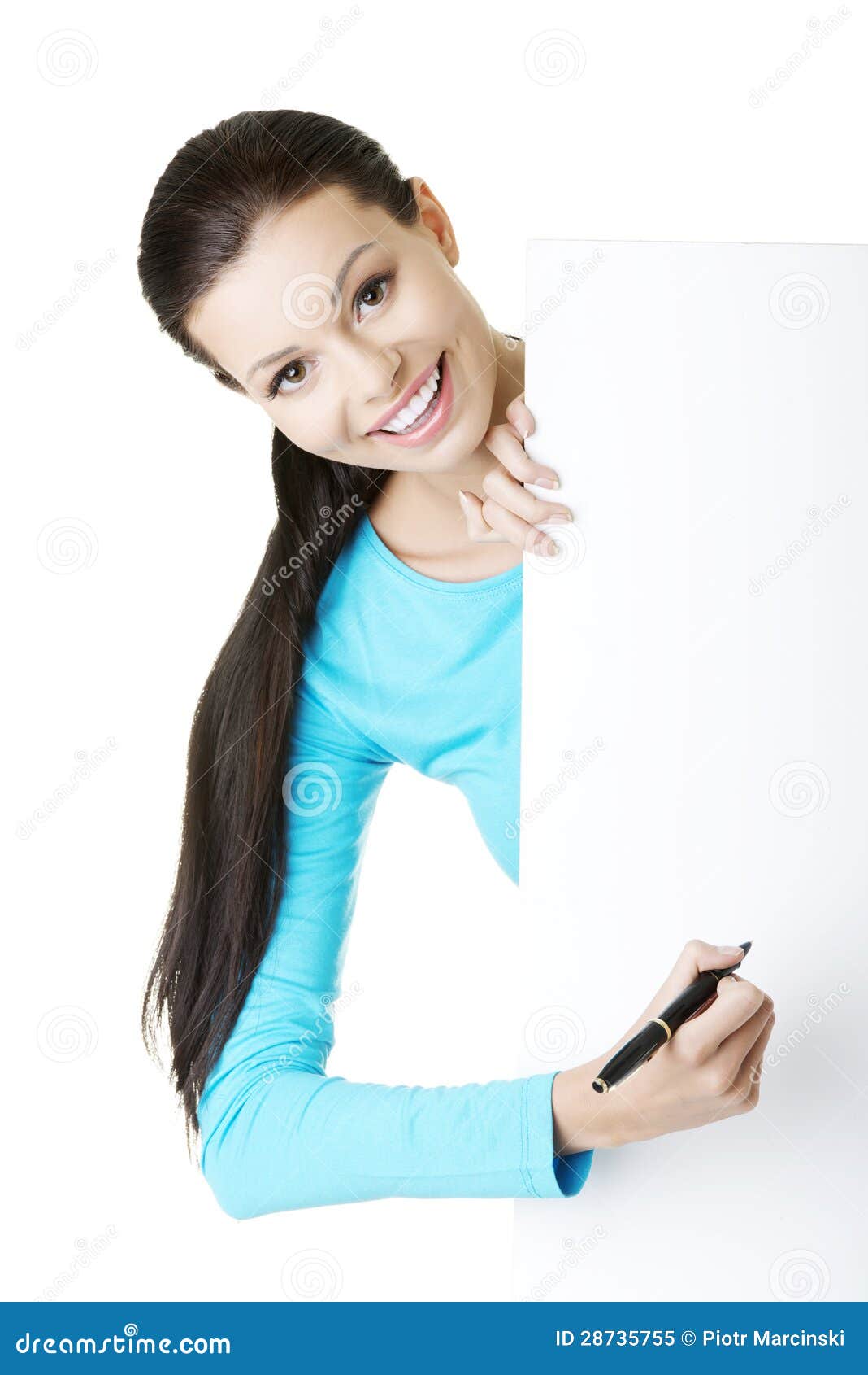 Woman Writing with a Pen on Blank Board. Stock Image - Image of career ...