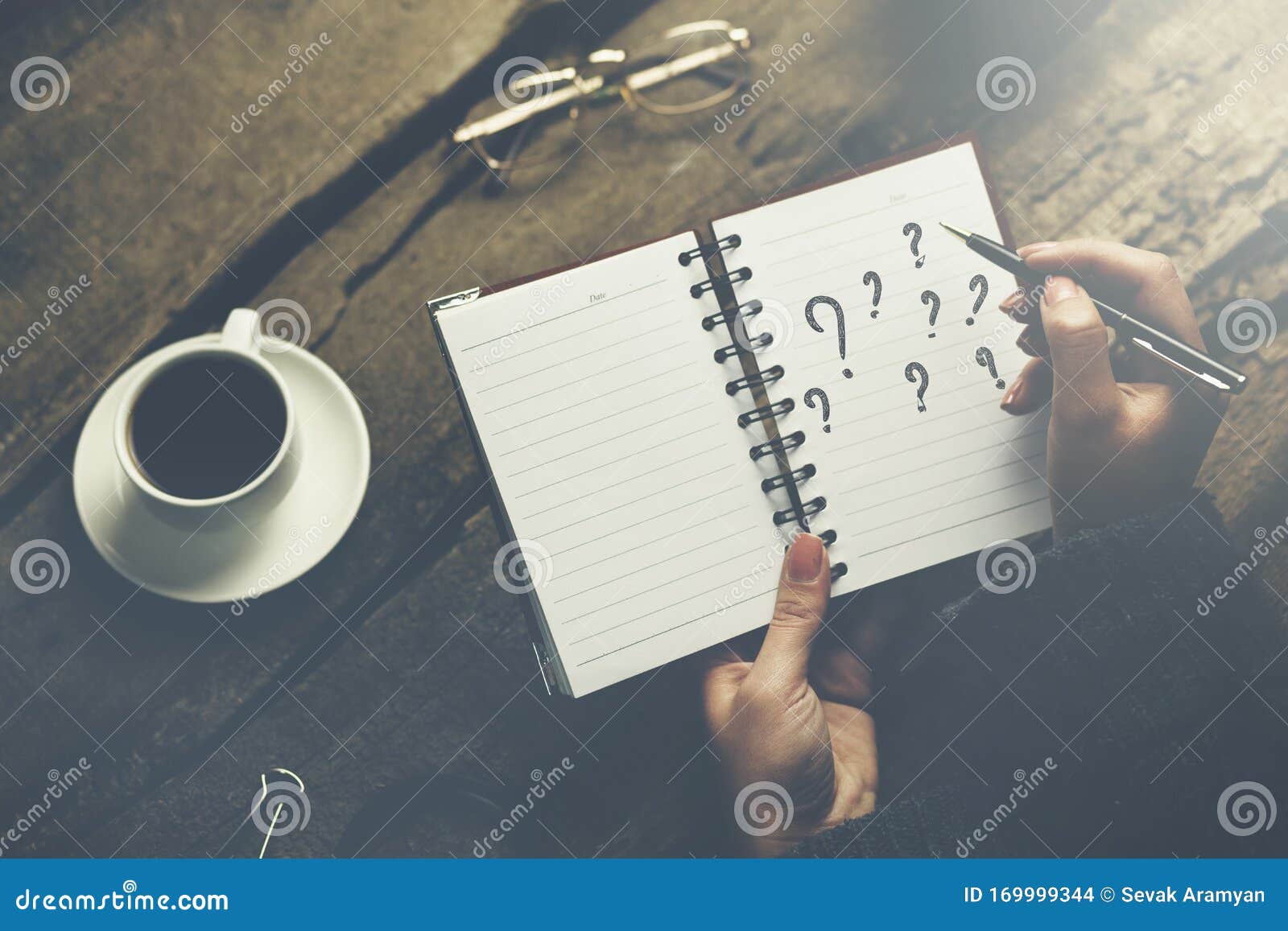 Woman Writing Question Mark Stock Photo - Image of office, horizontal ...