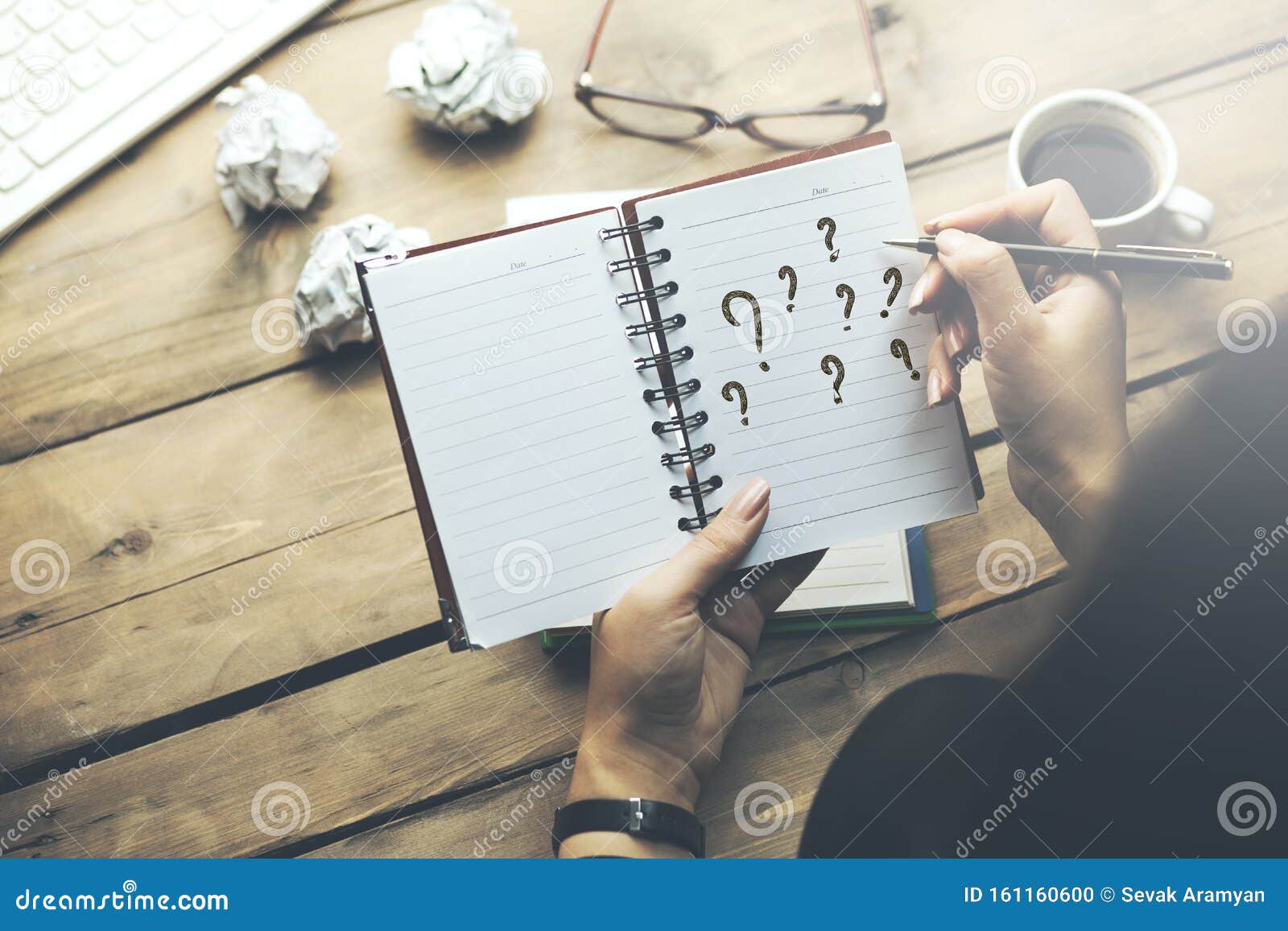 Woman Written Question Mark on Notepad Stock Photo - Image of coffee ...