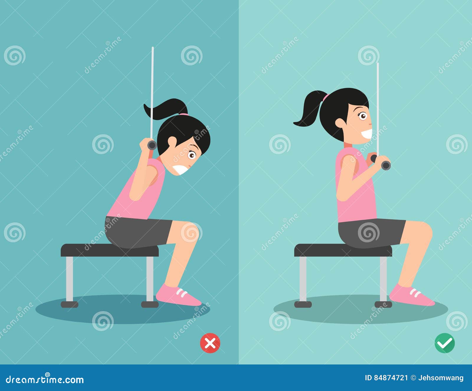Lat Pulldown Fitness Exercise With Thin Resistance Band Guidance. Woman ...