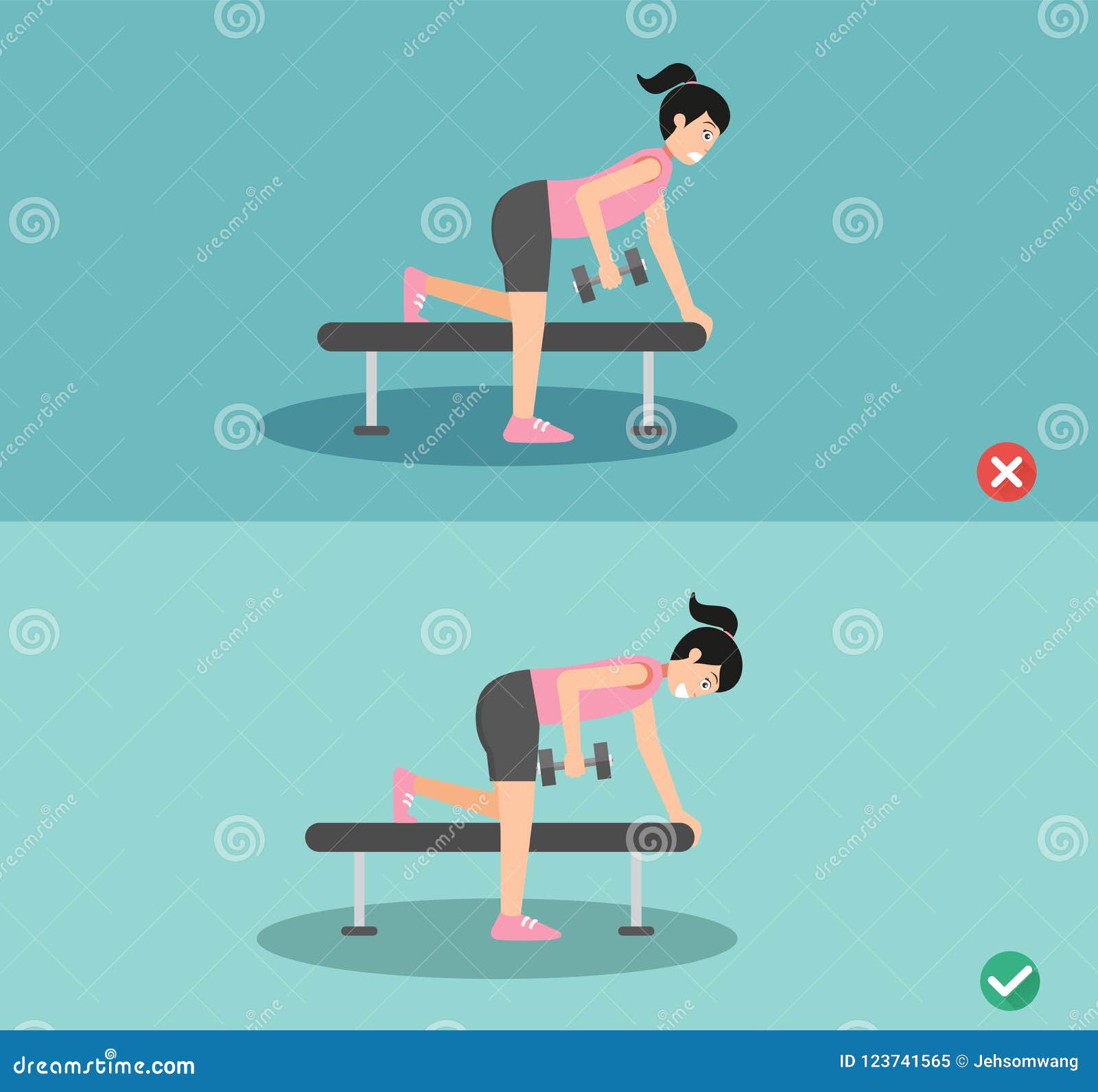 Woman Wrong and Right One Arm Dumbbell Row Posture Stock Vector ...