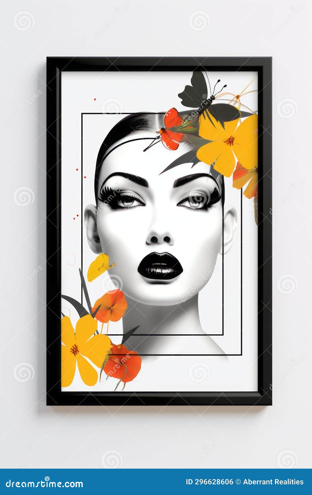 A Womans Face with Flowers and Butterflies in a Black Frame Stock ...