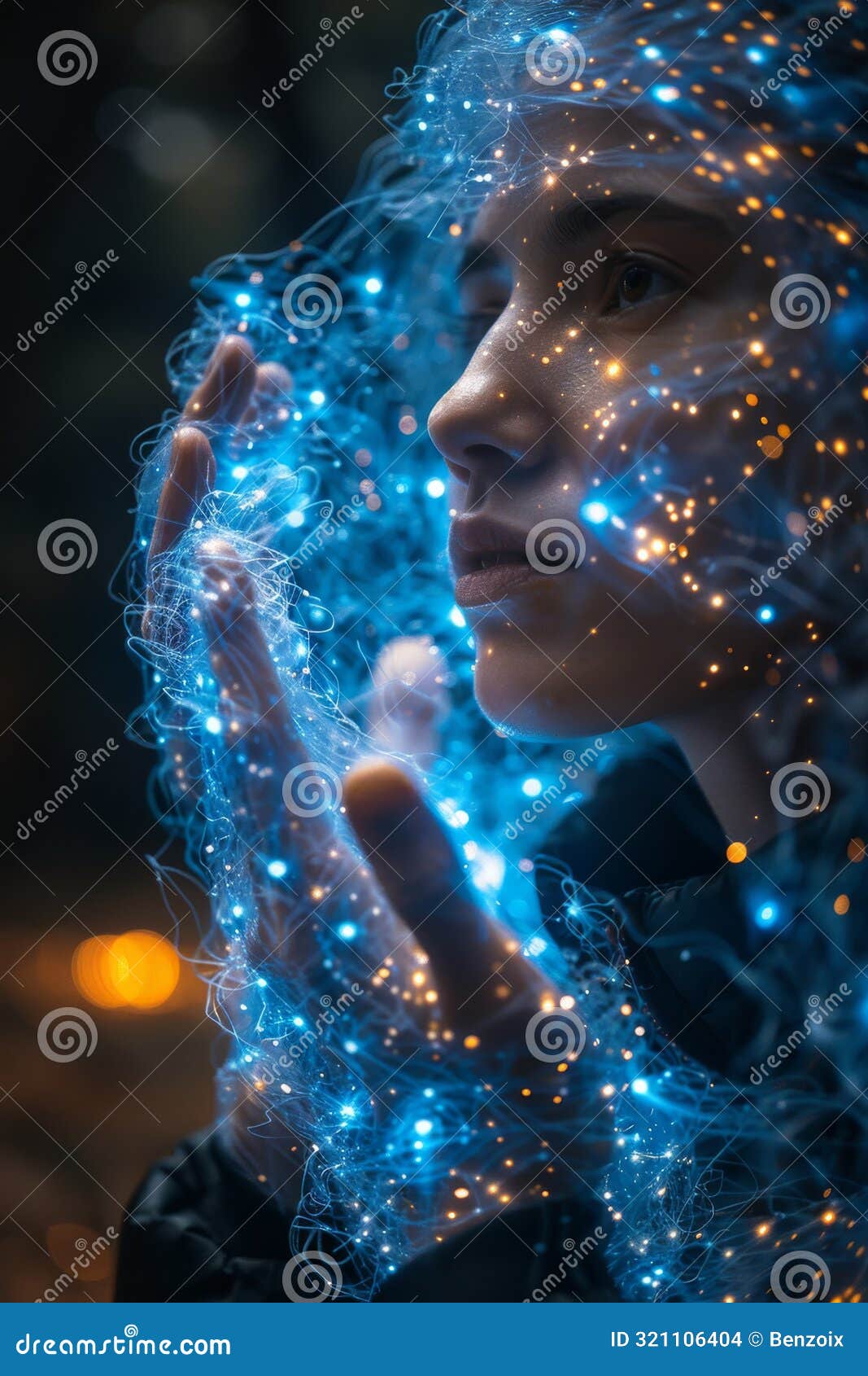 The Womans Face is Illuminated by Blue Lights, Creating a Mesmerizing ...