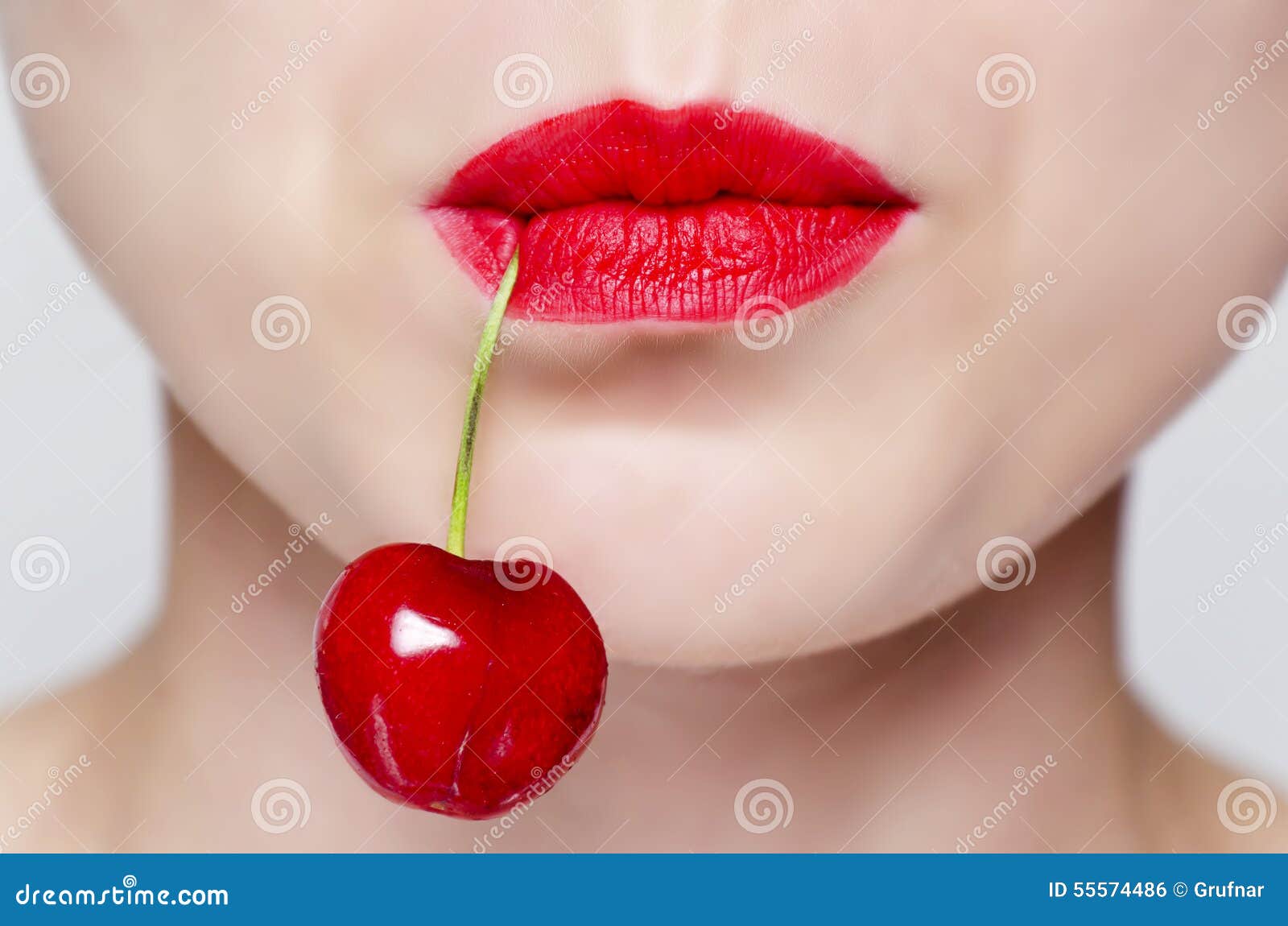 Womans Face with Red Lipstick and a Cherry Stock Photo - Image of close ...