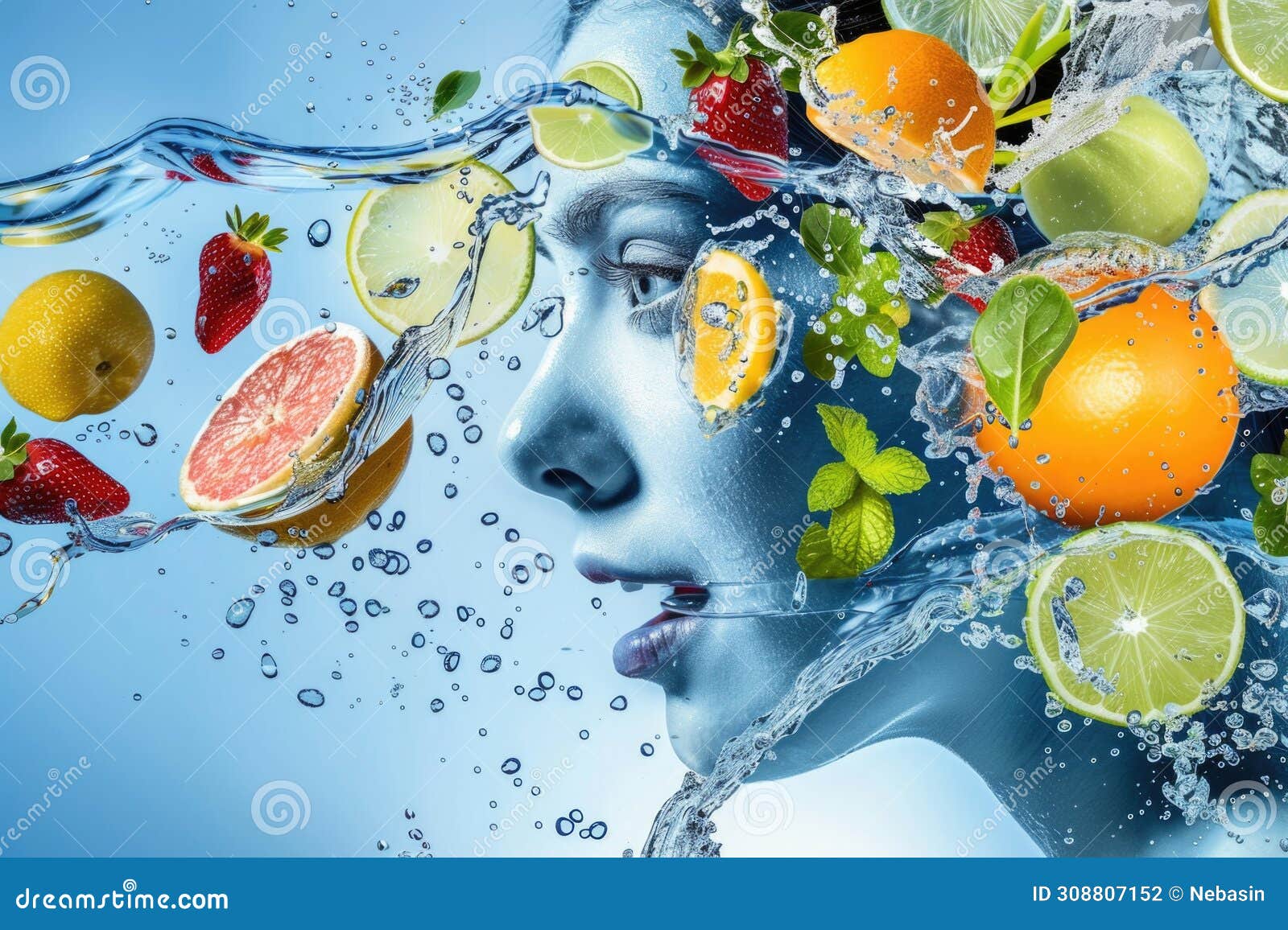 A Womans Face is Surrounded by an Array of Colorful Fruits and ...