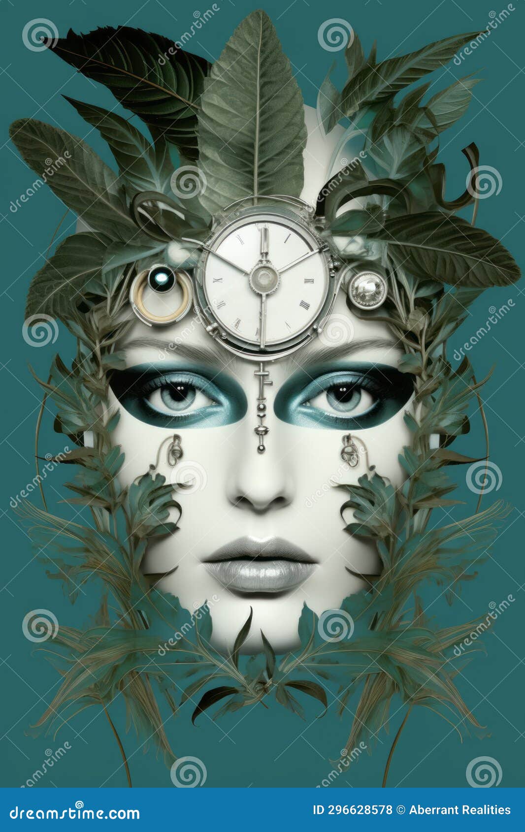 A Womans Face is Surrounded by Leaves and a Clock Stock Illustration ...