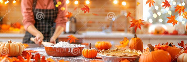 Womans Hands Making Pie Dough for Pumpkin Pie Surrounded by Fall Border ...
