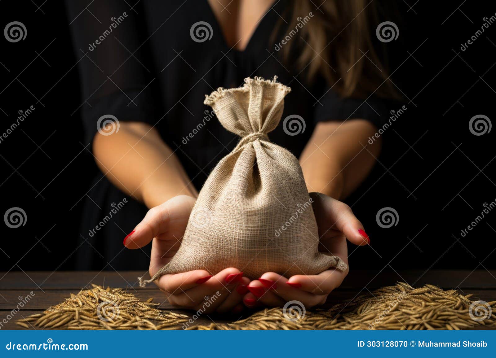 Womans Hands Showcase Abundance with Full Burlap Sack and Chart Stock ...