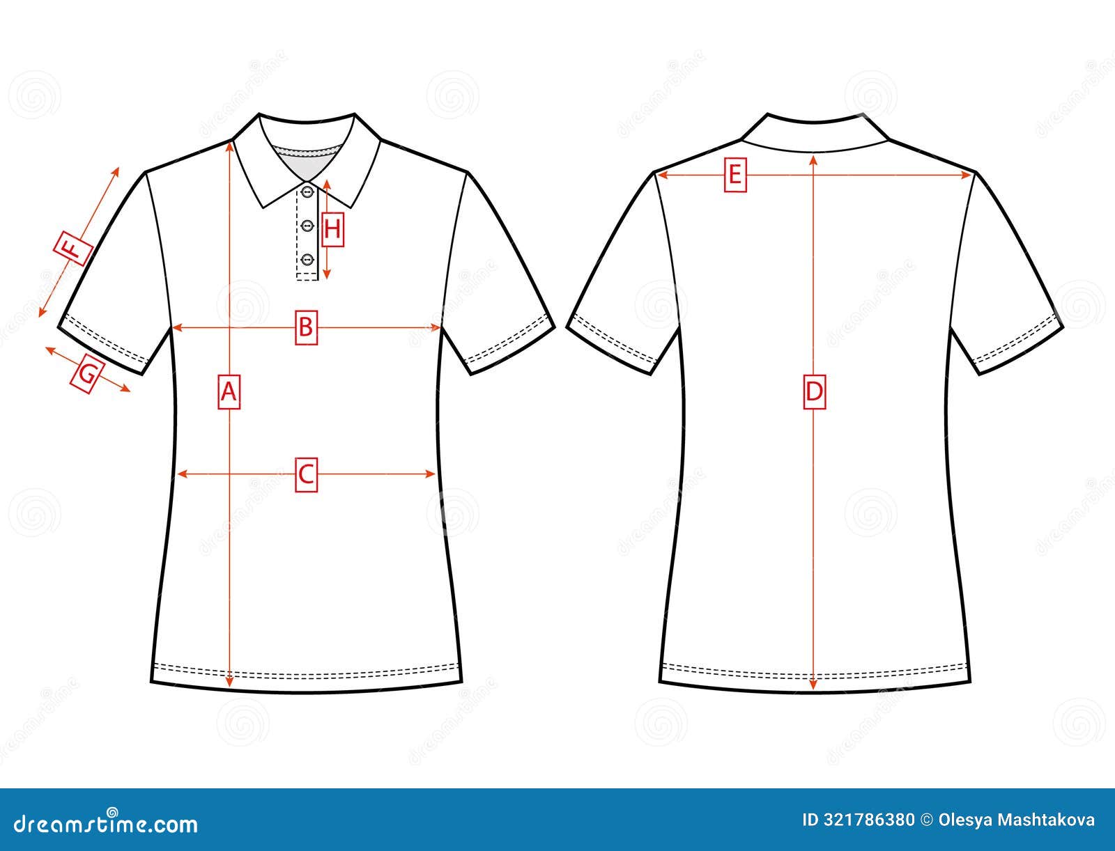 Womans Polo Size Chart. Front and Back Views Sketch Stock Vector ...