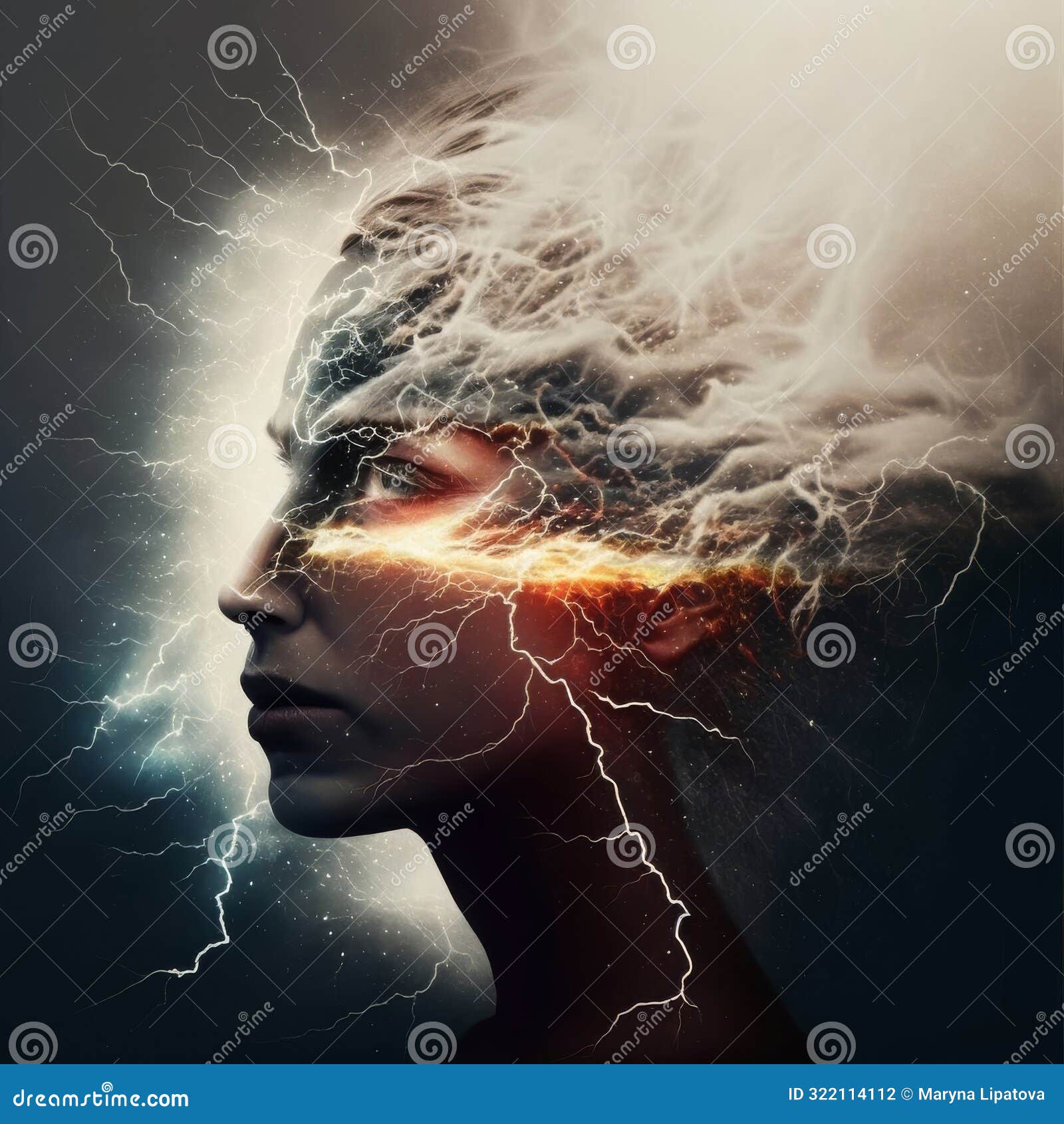 Womans Profile Surrounded by Whirlwind and Lightning Stock Photo ...