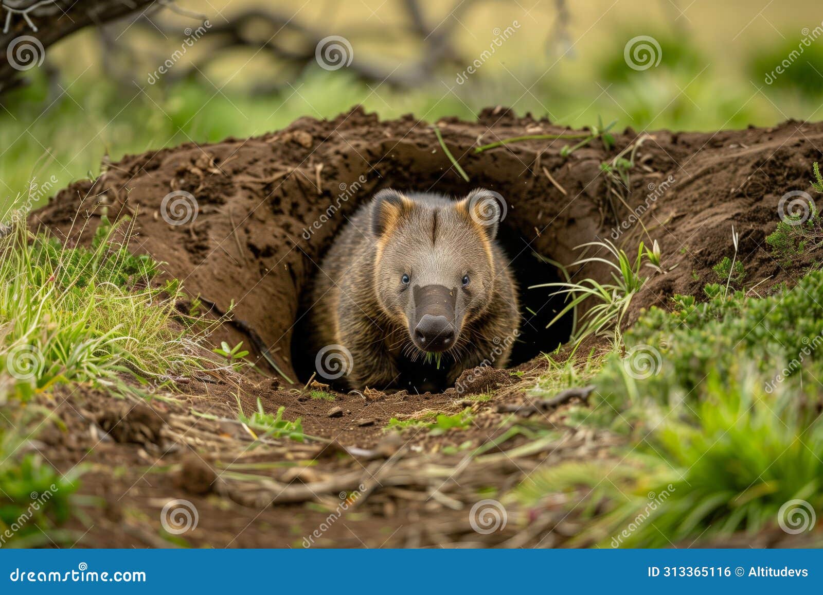 Wombat Exiting a Large Burrow in an Australian Bush Stock Photo - Image ...