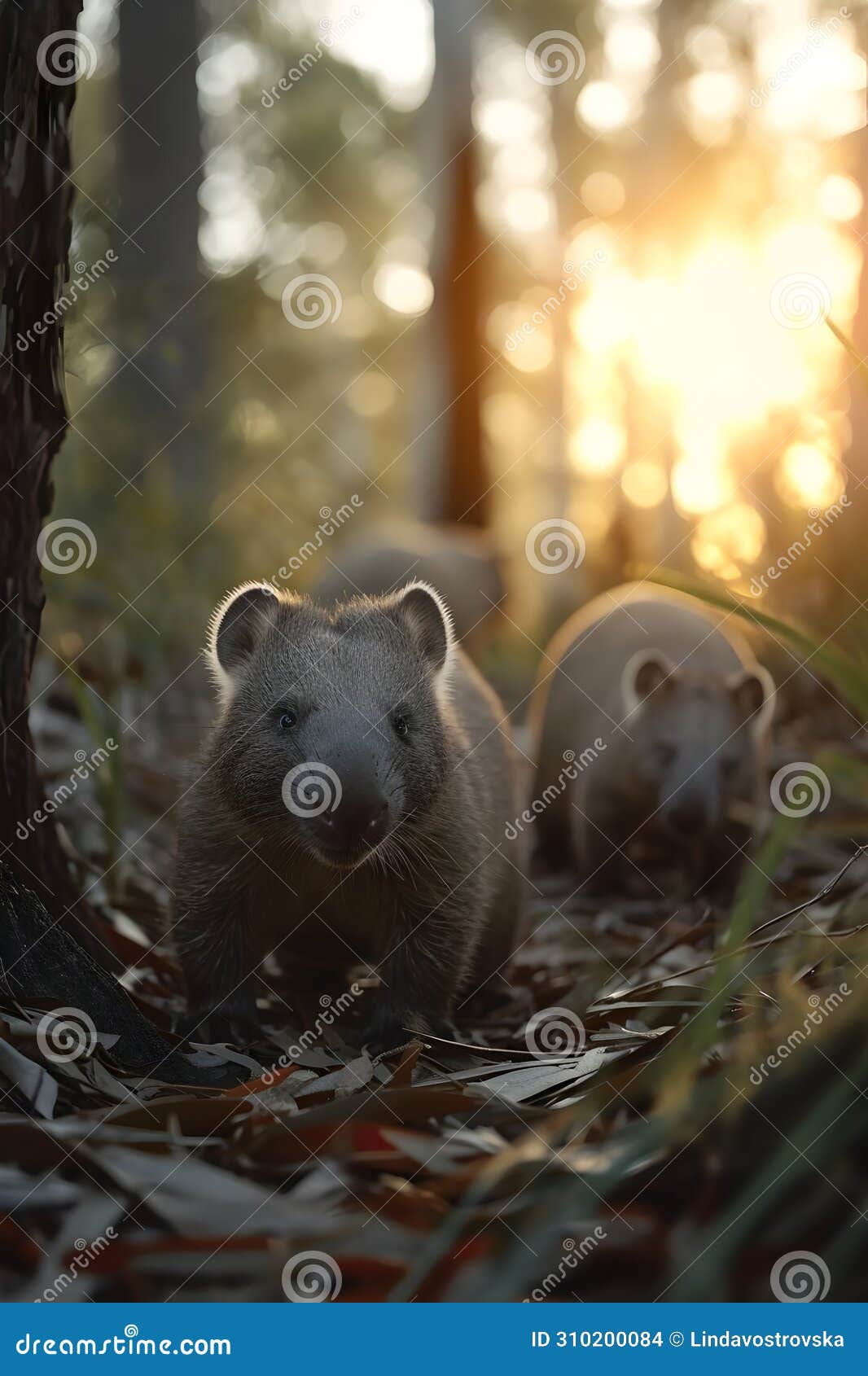 Wombat Family in the Forest with Setting Sun Shining. Stock ...