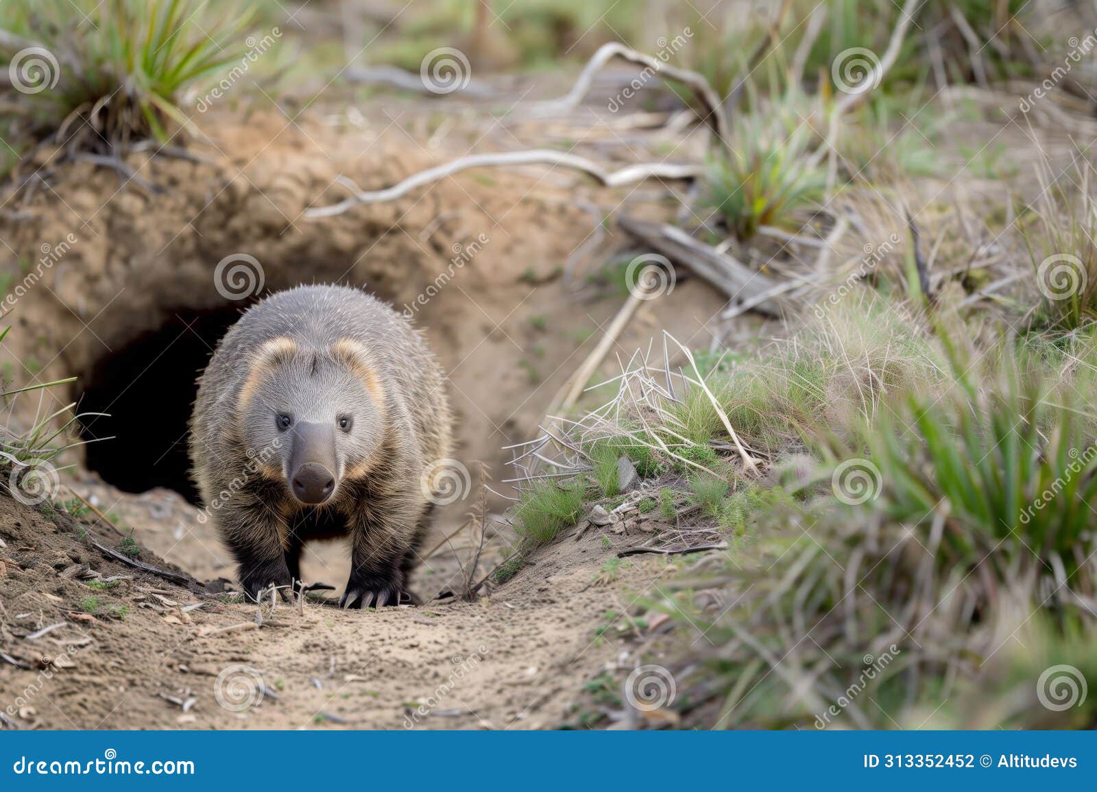 Wombat Near a Burrow in an Australian Bush Stock Photo - Image of ...