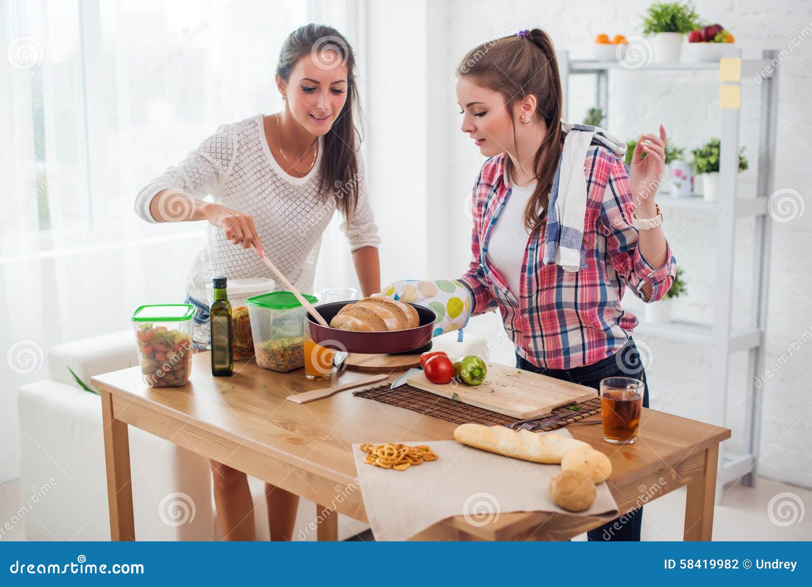 Women Baking at Home Fresh Bread in Kitchen Stock Photo - Image of ...