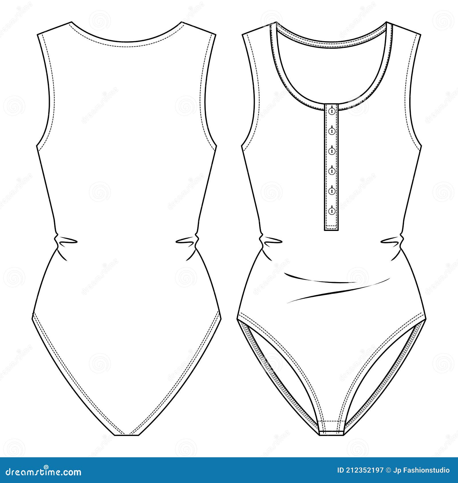 Women Sleeveless Henley Front Placket Bodysuit Fashion Flat Sketch ...