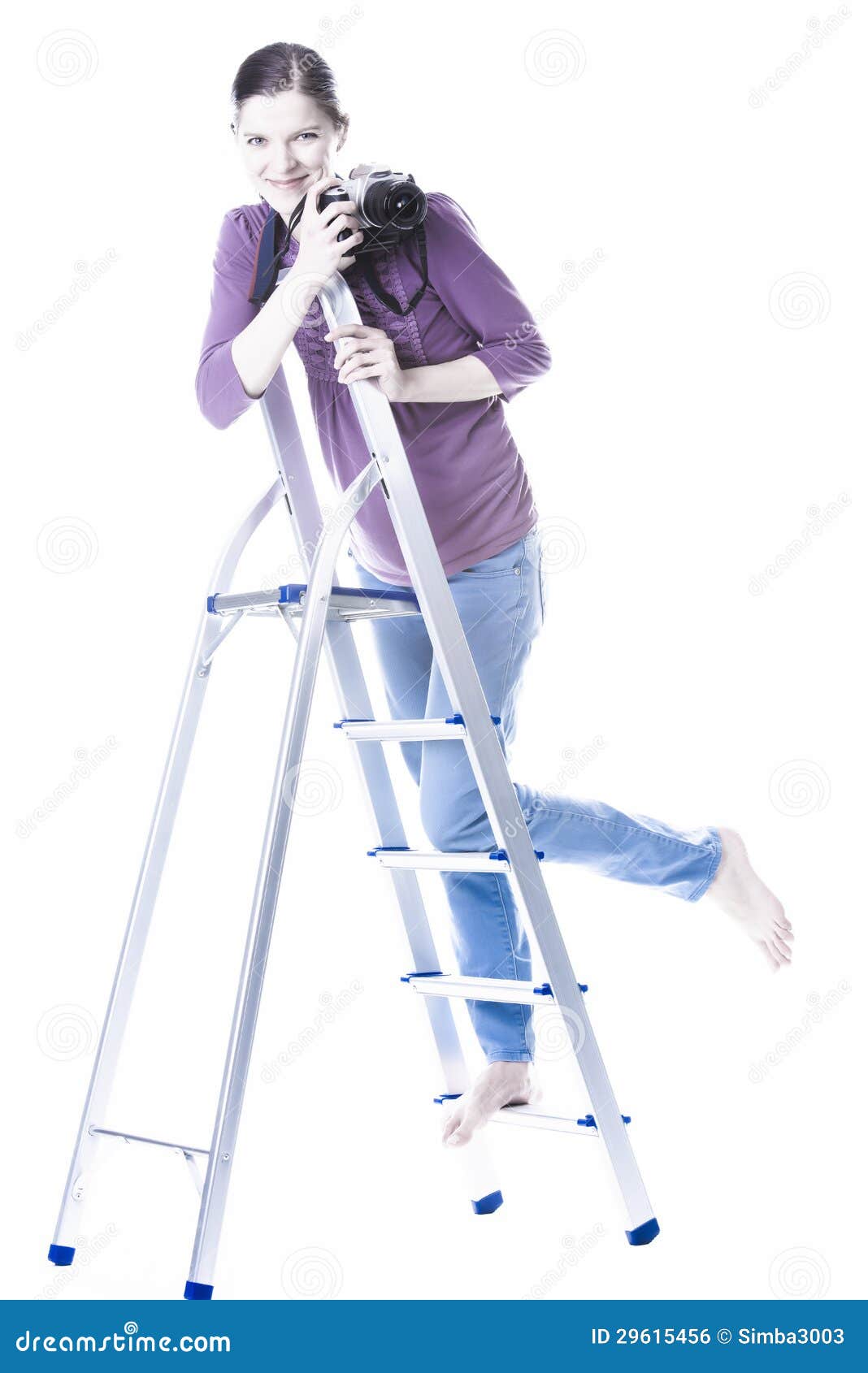 Woman Standing on the Ladder and Holding Camera Stock Photo - Image of ...