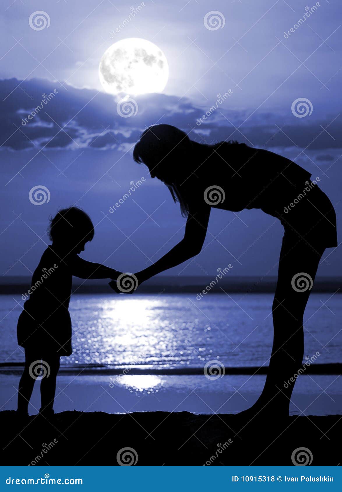 Women and Child on Moon Night Stock Photo - Image of black, coastline ...