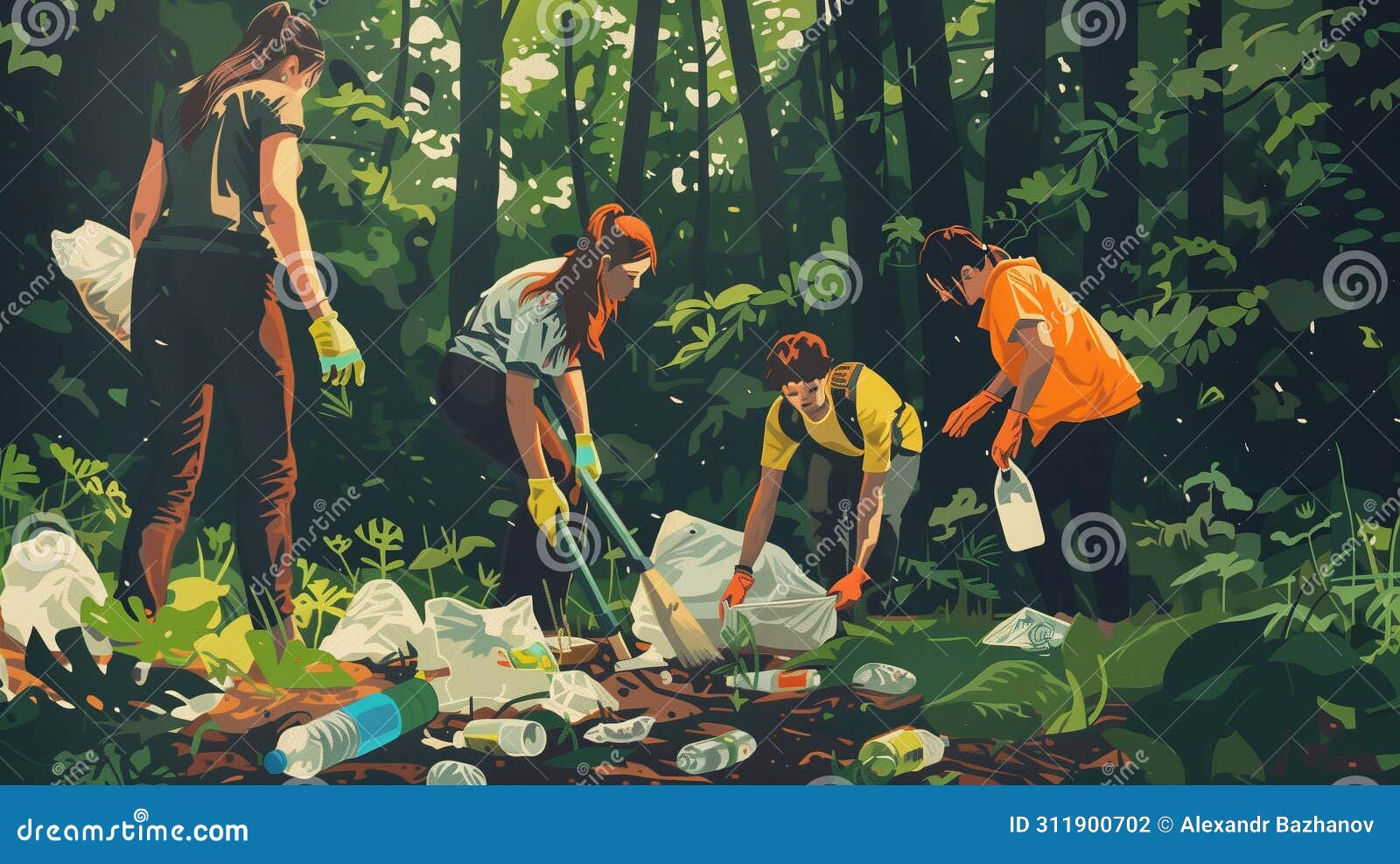 Women Clean the Forest of Plastic Waste Stock Illustration ...