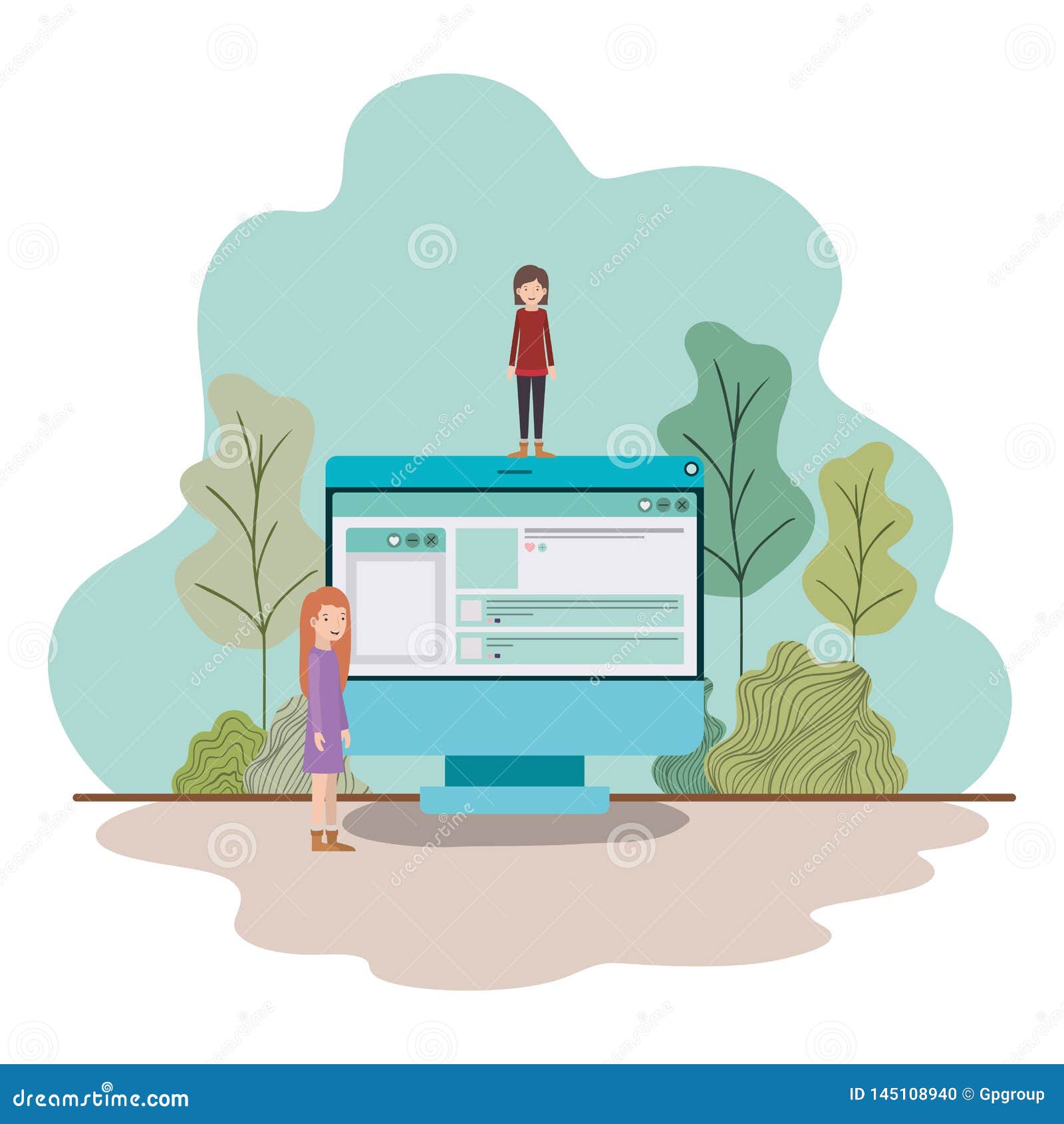 Women with Computer Desktop in Landscape Stock Vector - Illustration of ...