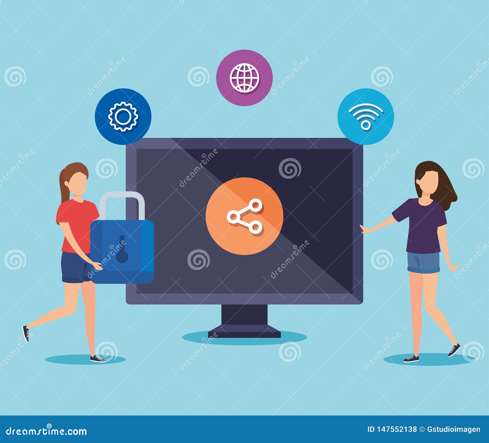 Women with Computer Technology and Social Media Stock Illustration ...