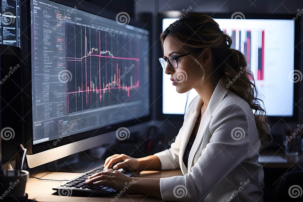 A Glorious Women with Office Suit Focused on the Graph and Chart on the ...