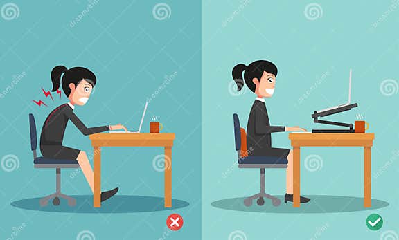 Women Correct and Incorrect Sitting Posture when Using a Computer Stock ...
