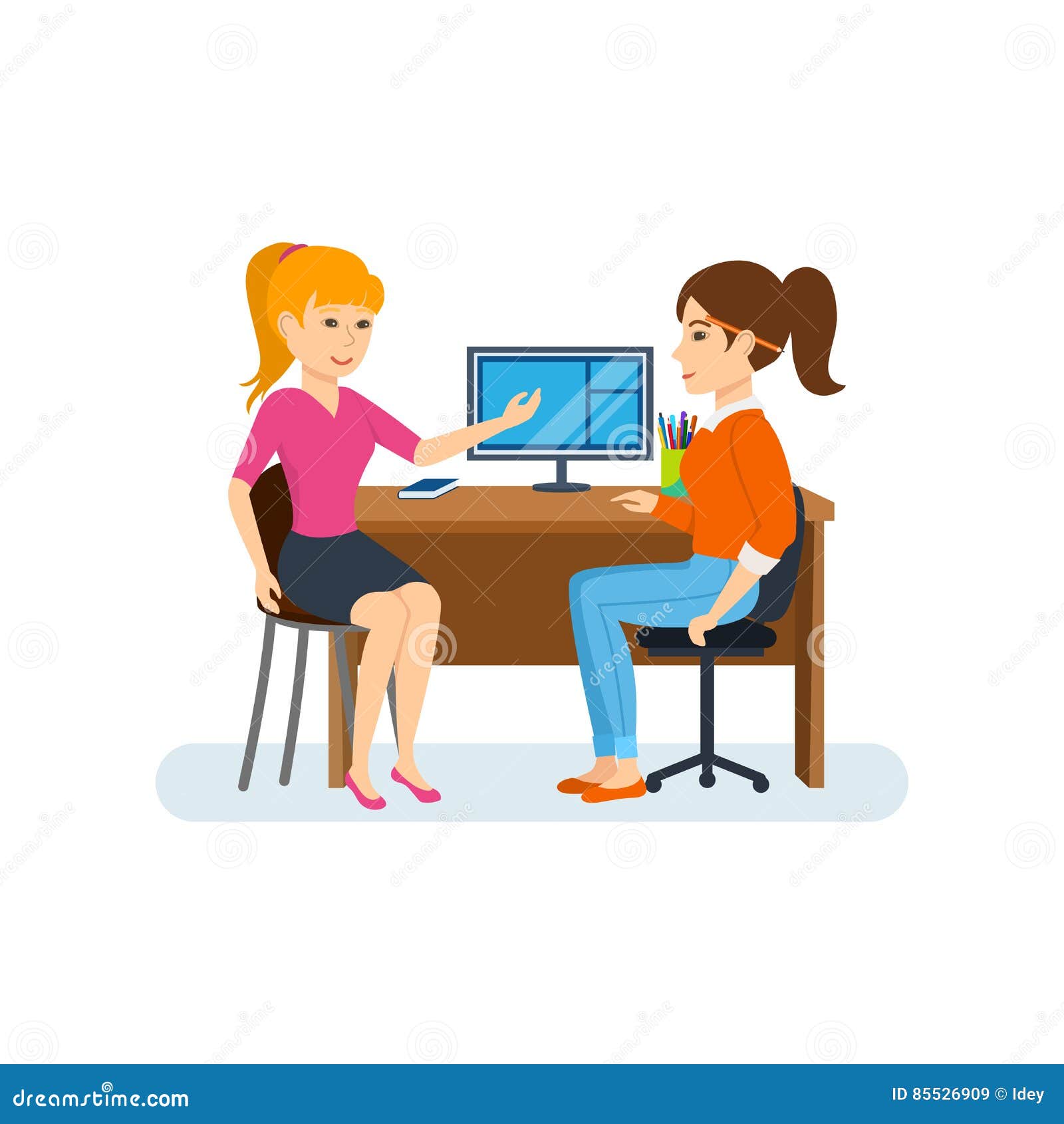 Women Discussing Working Project, Sitting at the Computer, Exchanging ...