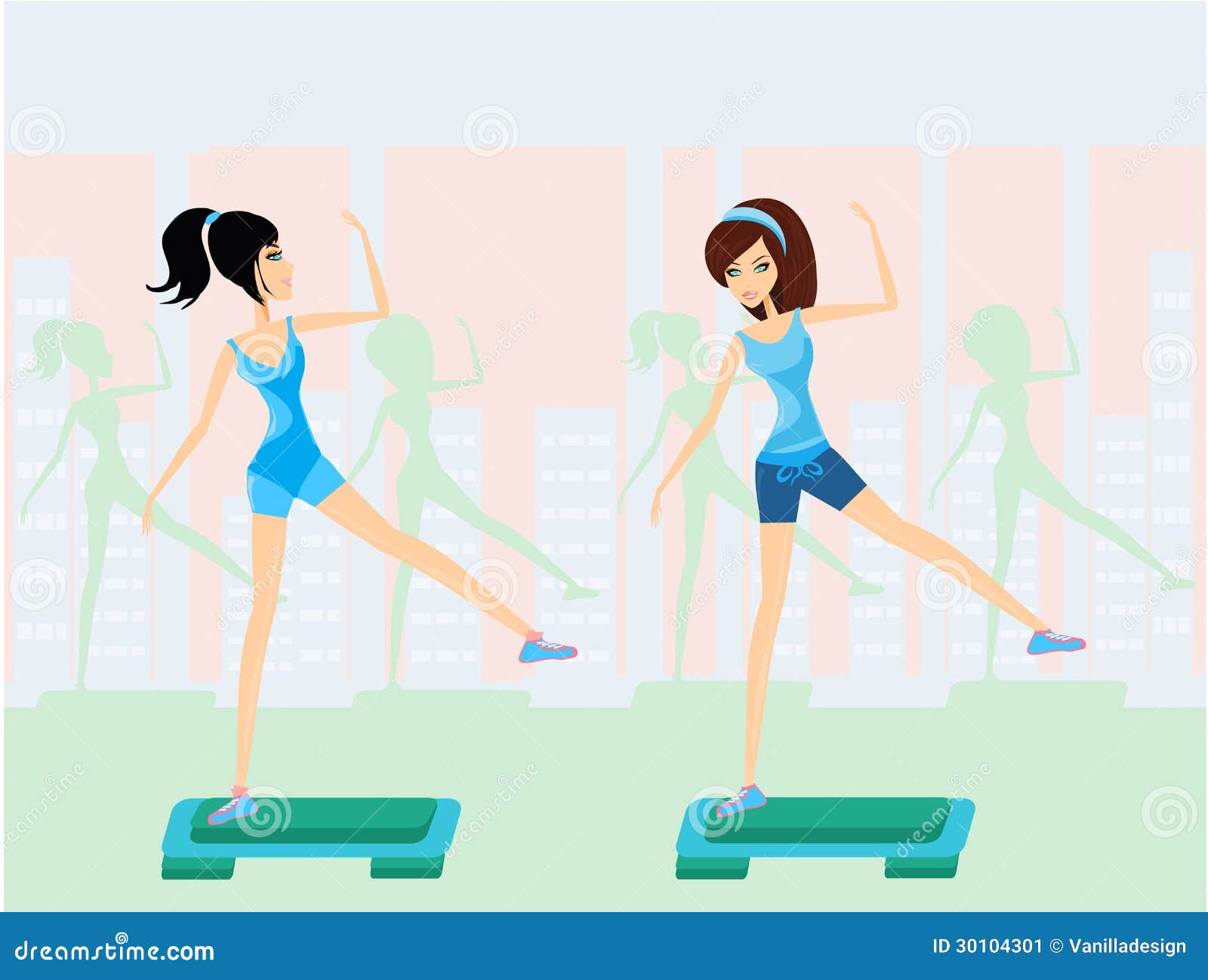 Girls Doing Exercise on Aerobic Step Stock Vector - Illustration of ...