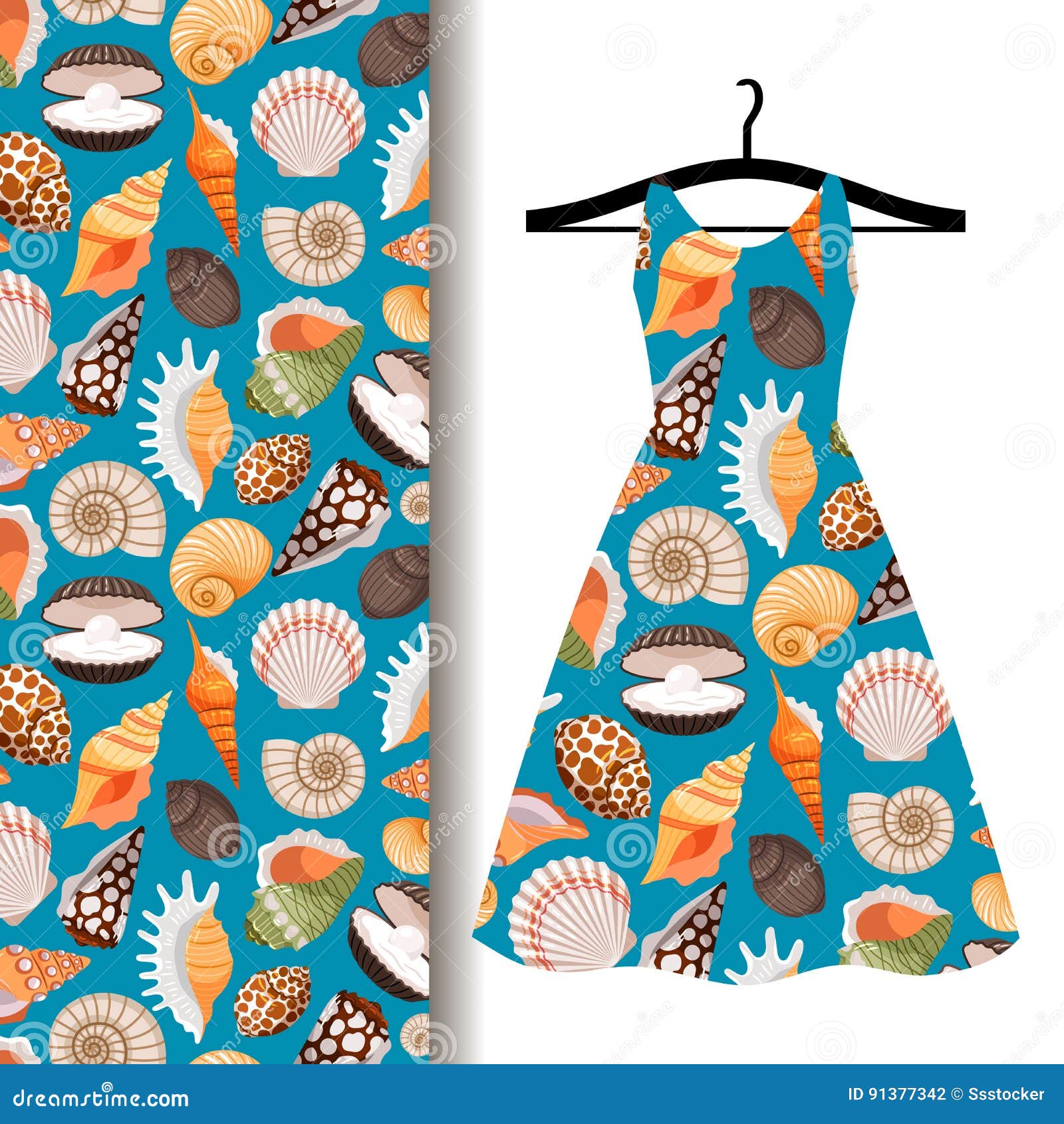 Women Dress Fabric with Sea Shells Stock Vector - Illustration of ...