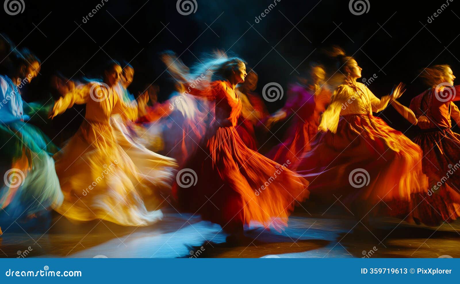 Women Dressed in Vibrant, Flowing Dresses Perform a Dynamic Dance on ...