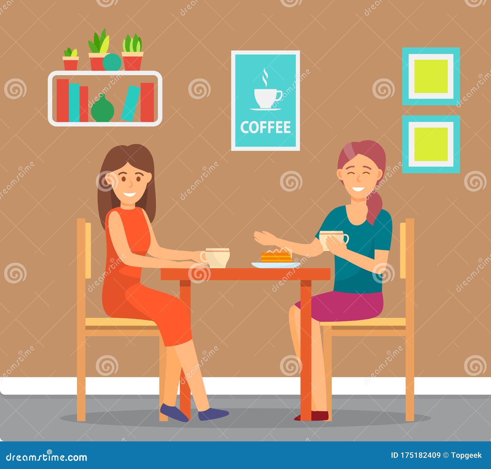 Women Drink Coffee In Cafe Female Friends Talking Stock Vector