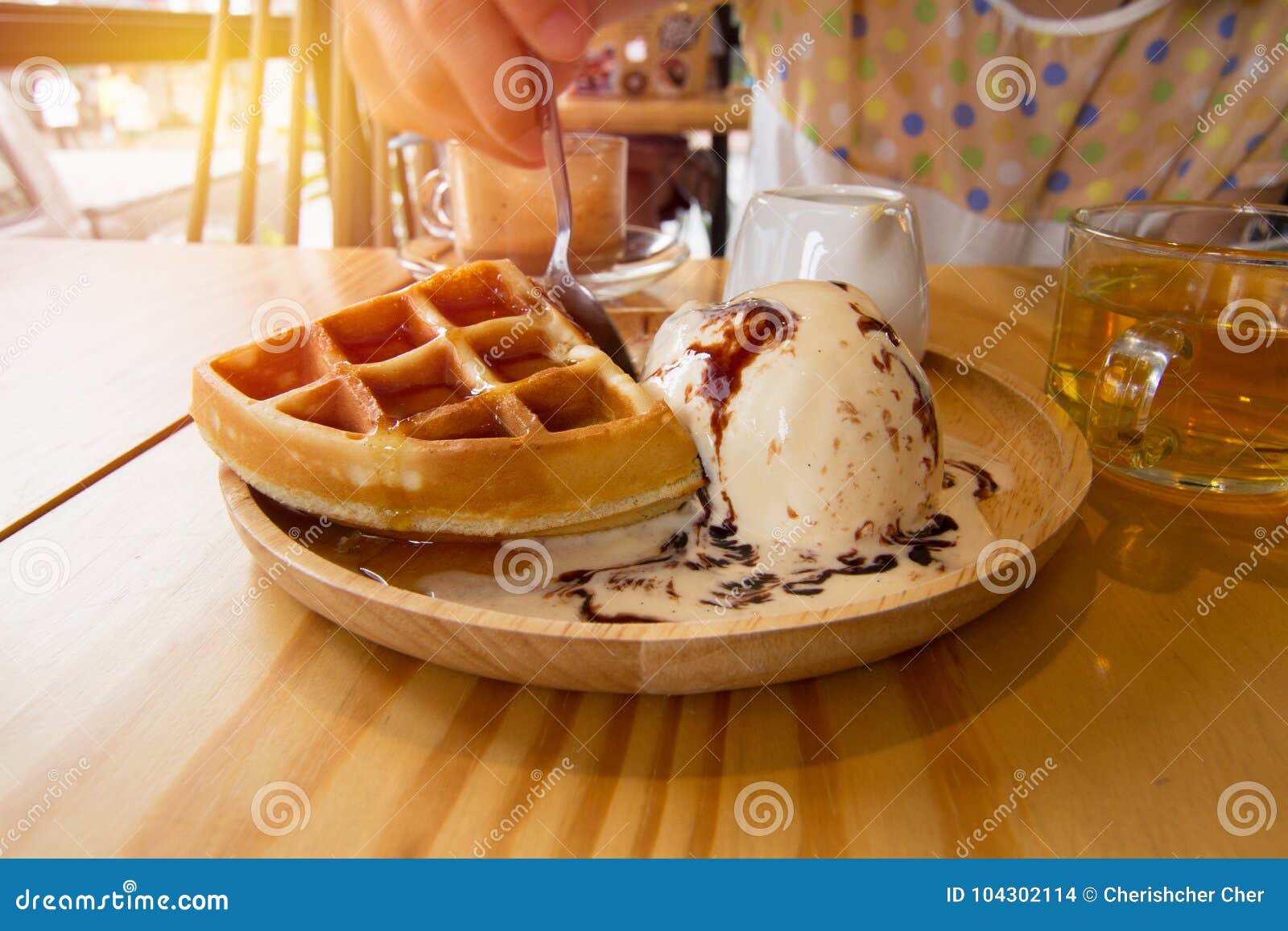 Women are Eating Waffles Ice Cream. Stock Photo - Image of licking ...