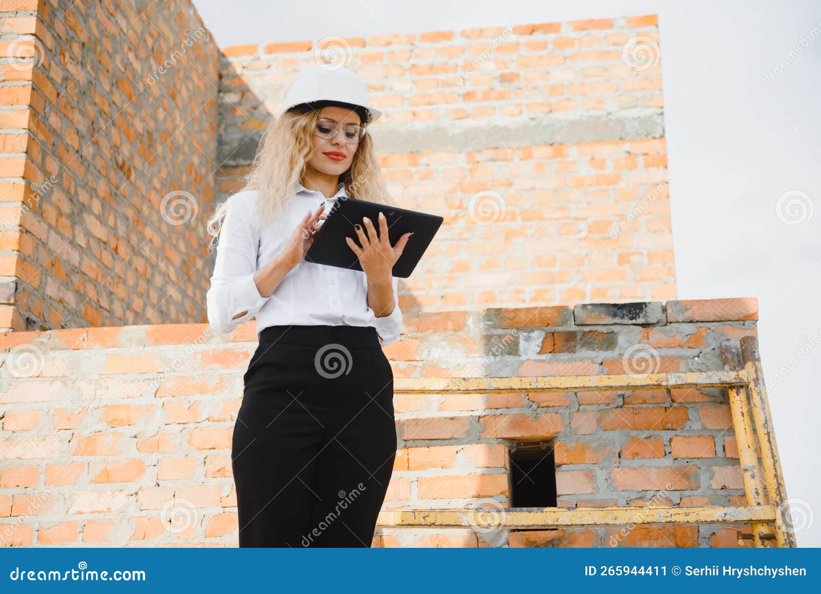 Women Engineer Look at Building Glass. Stock Image - Image of house ...