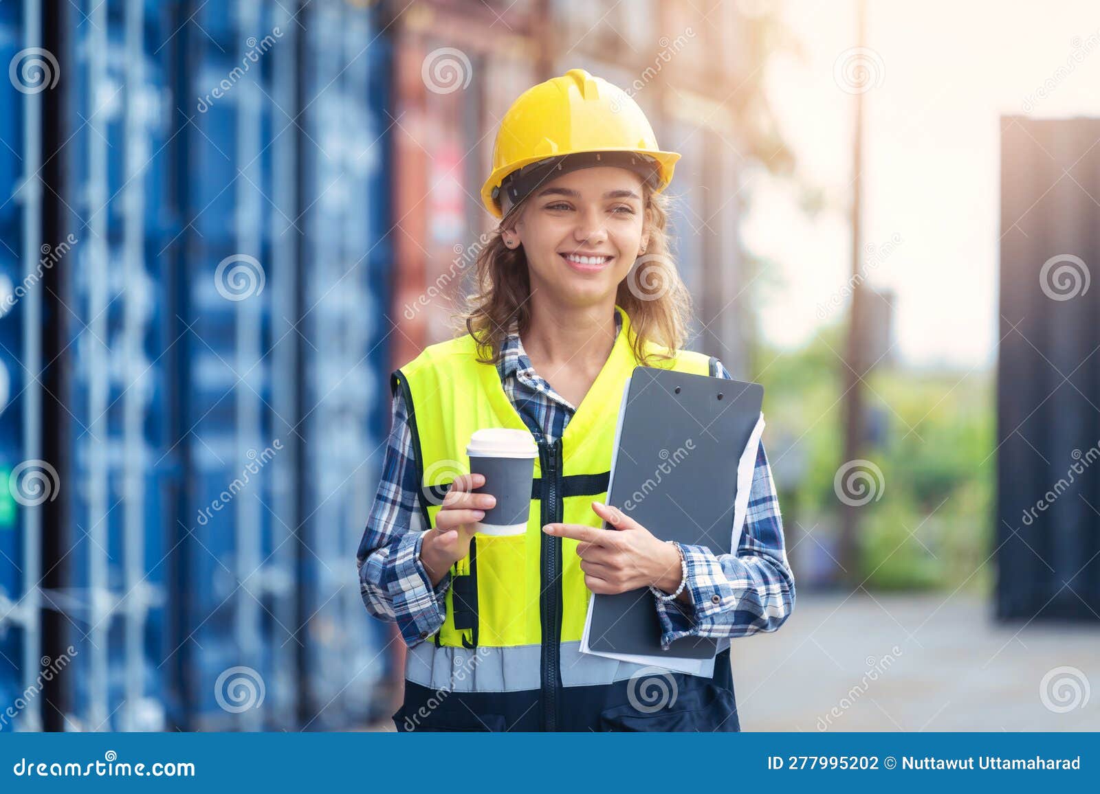 Women Engineer Wears PPE Checking Container Storage with Cargo ...