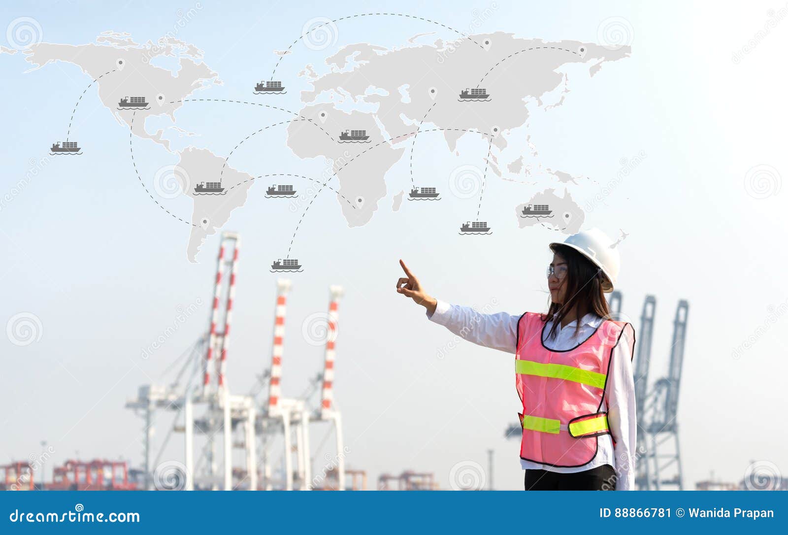 The Women Engineer Working With Container Cargo Freight Ship In ...