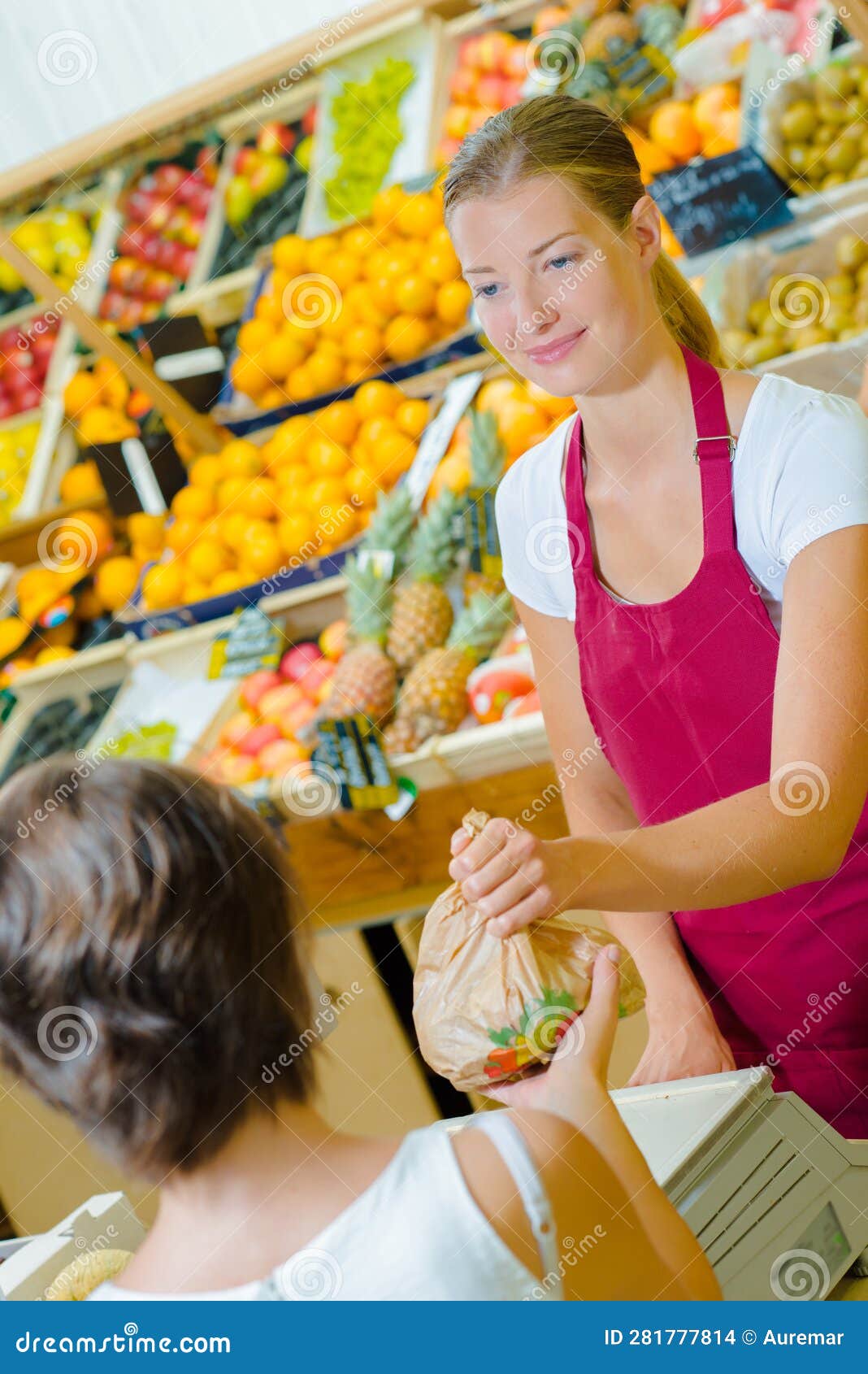 Woman exchanging goods stock photo. Image of display - 281777814